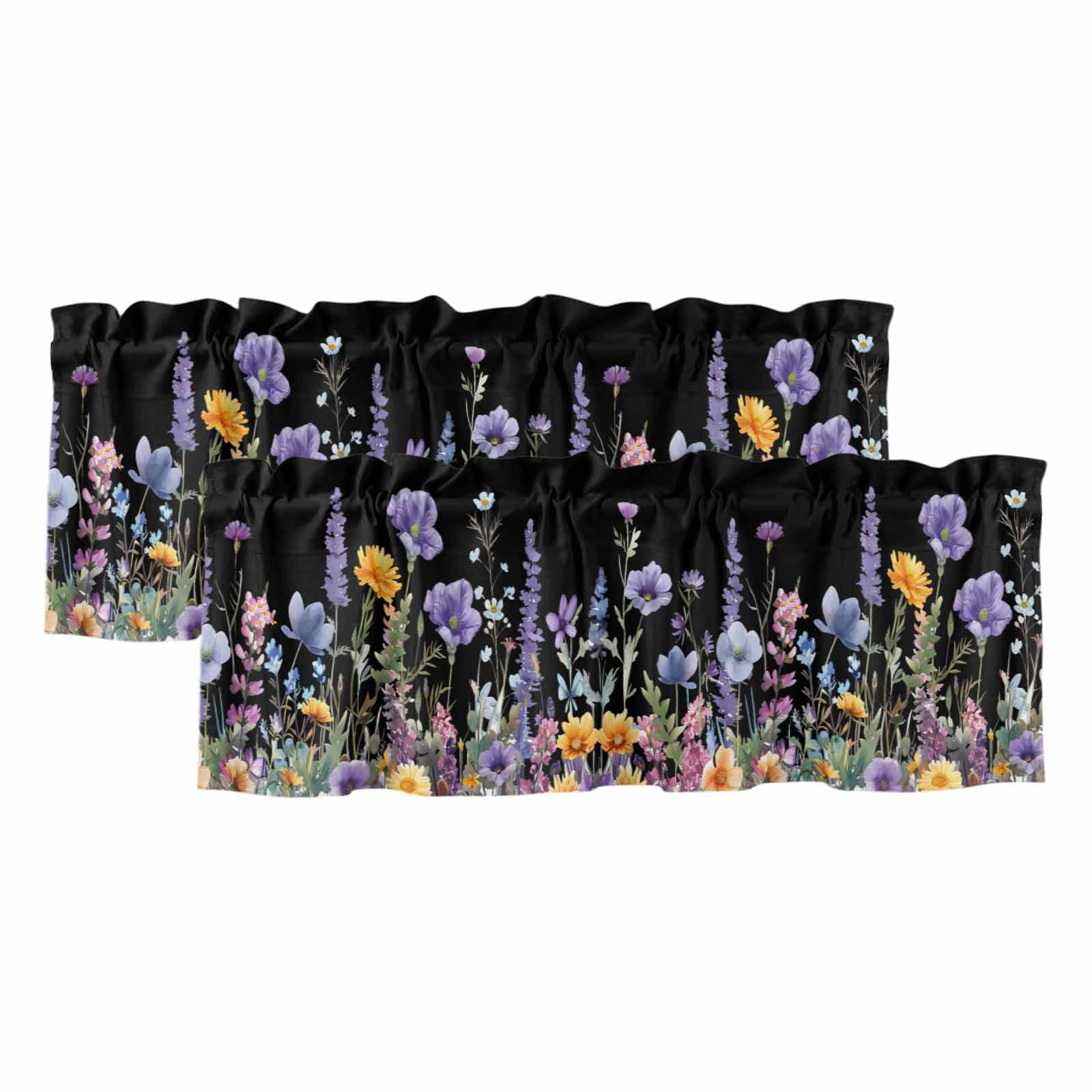 2 Pack Purple Watercolor Valance for Window Wildflower Flower Black ...