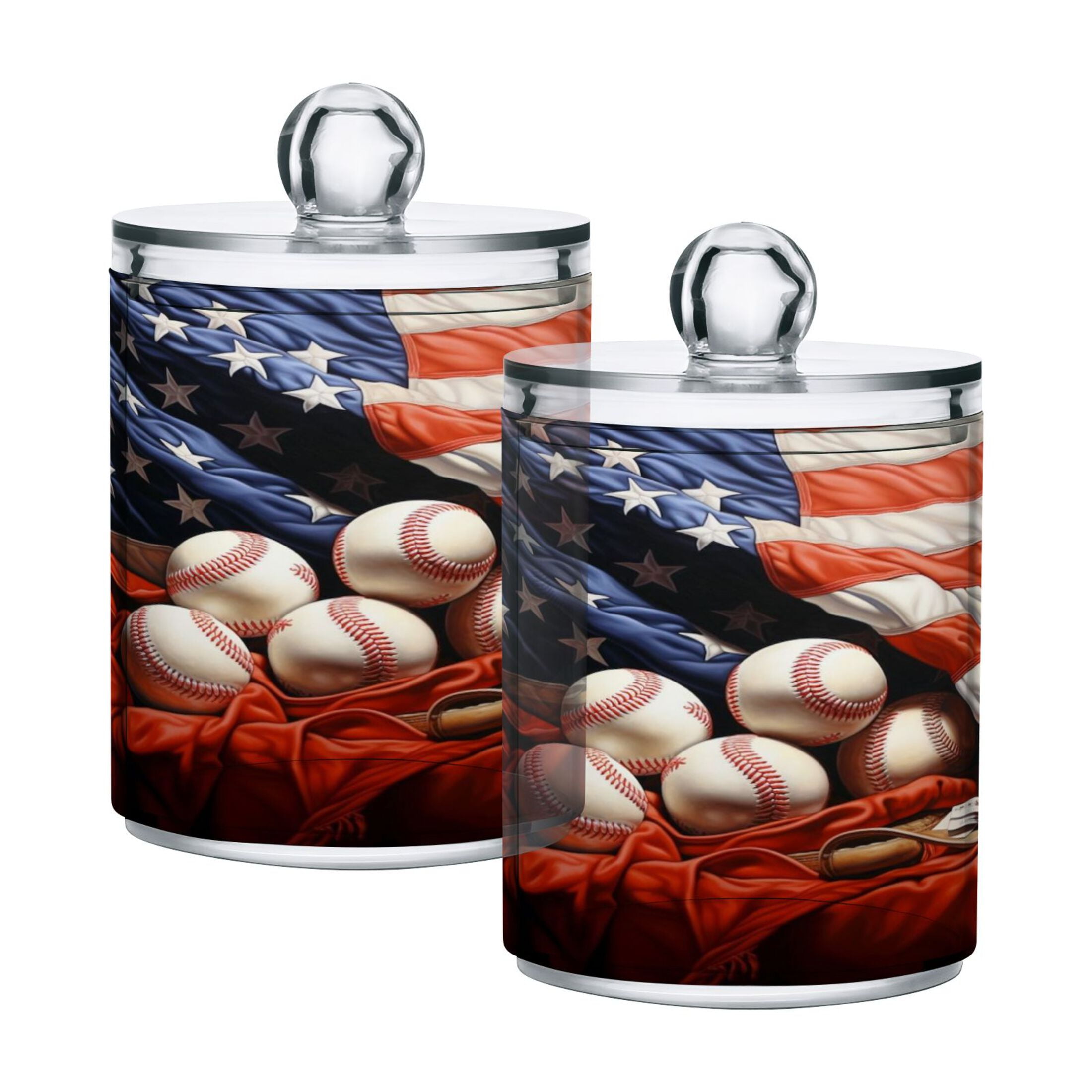 2 Pack Qtip Holder Dispenser American Flag and Baseball Clear Plastic ...