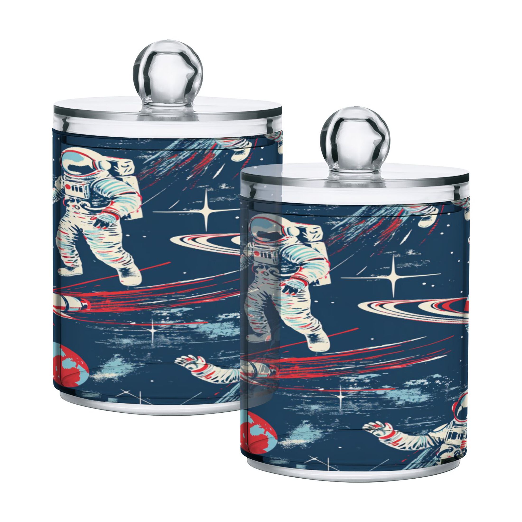 2 Pack Qtip Holder Dispenser Astronaut Planet Rocket Clear Plastic Storage Apothecary Jars for ...