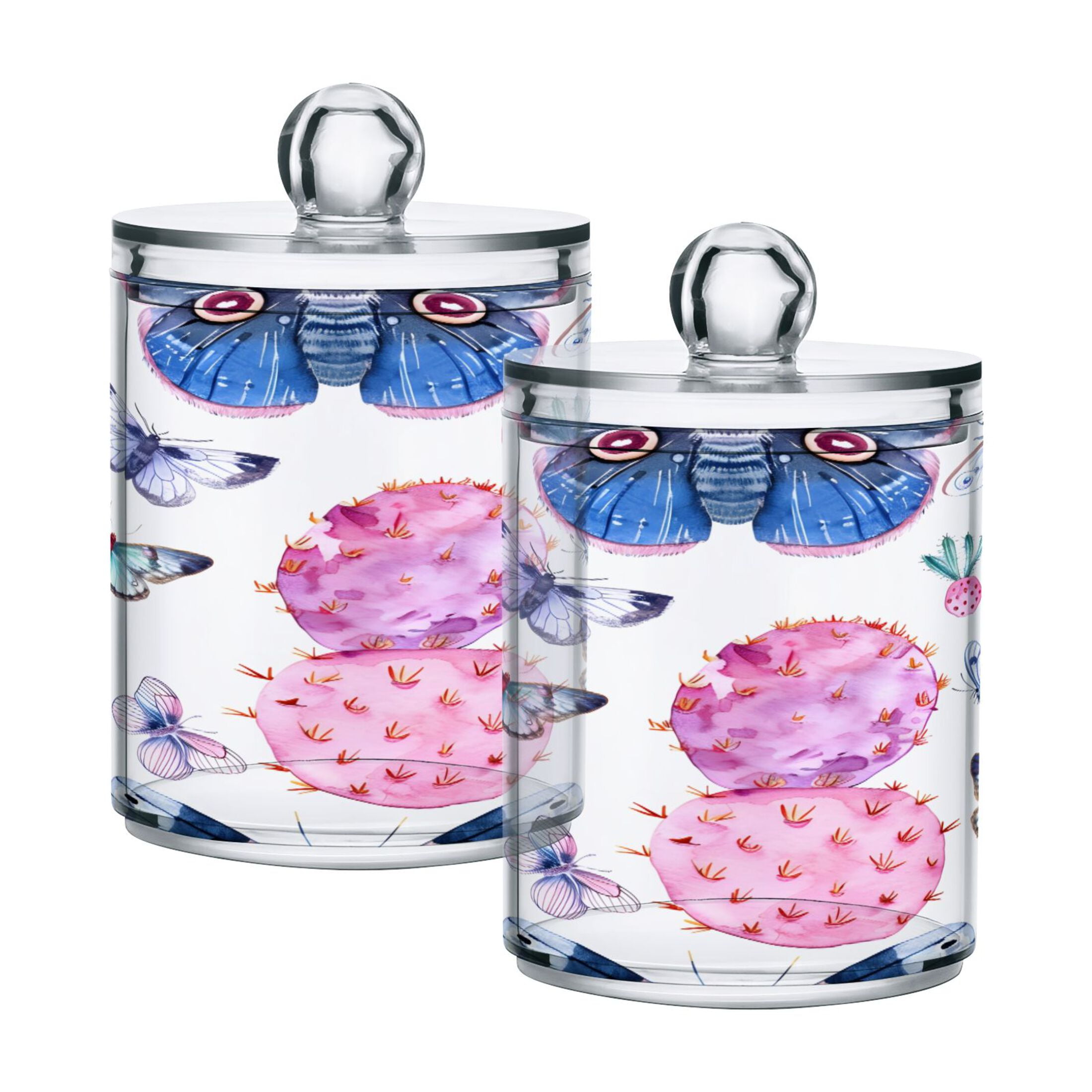 2 Pack Qtip Holder Dispenser Cactus and Cute Moths Butterflies Clear ...