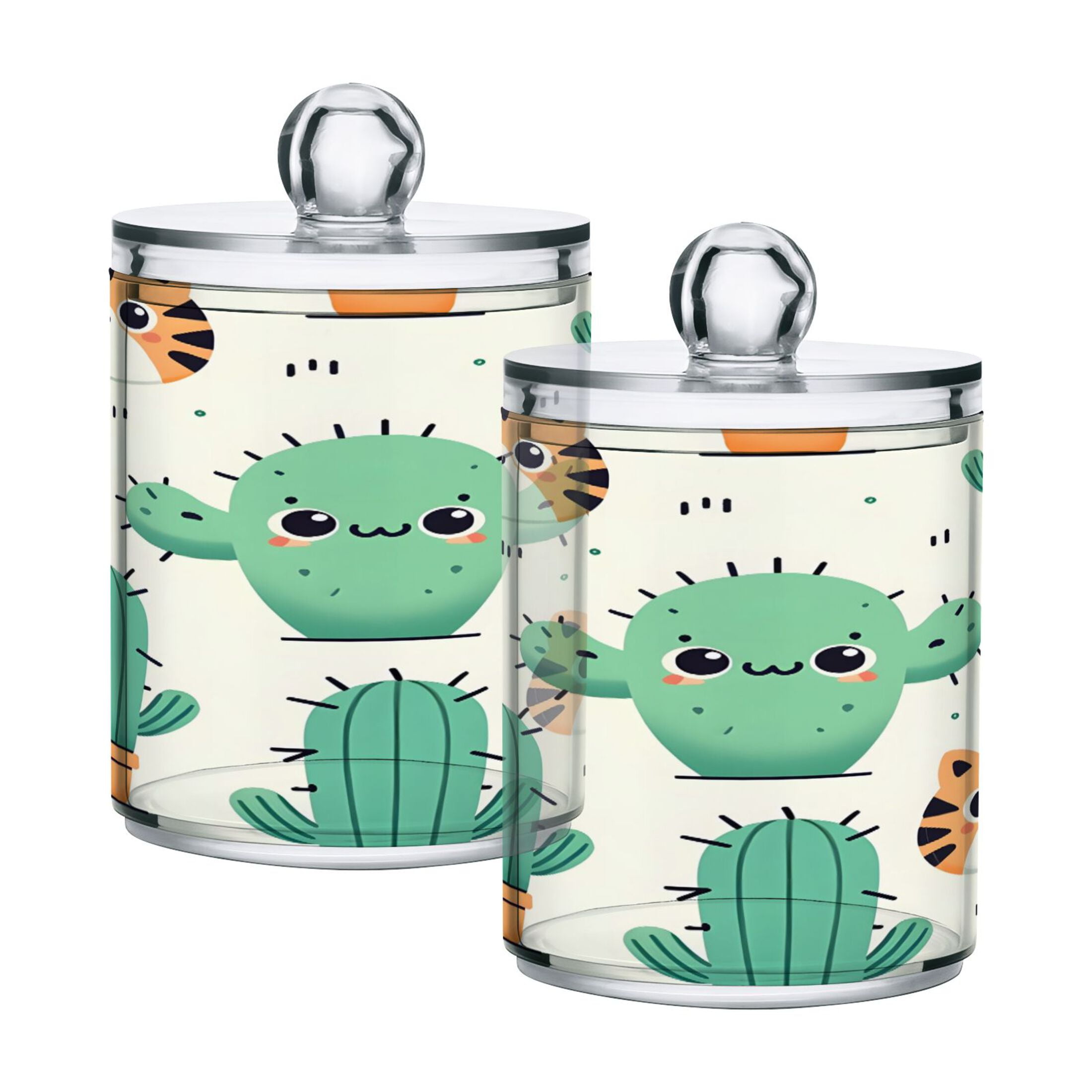 2 Pack Qtip Holder Dispenser Cartoon Cactus and Tiger Face Clear ...