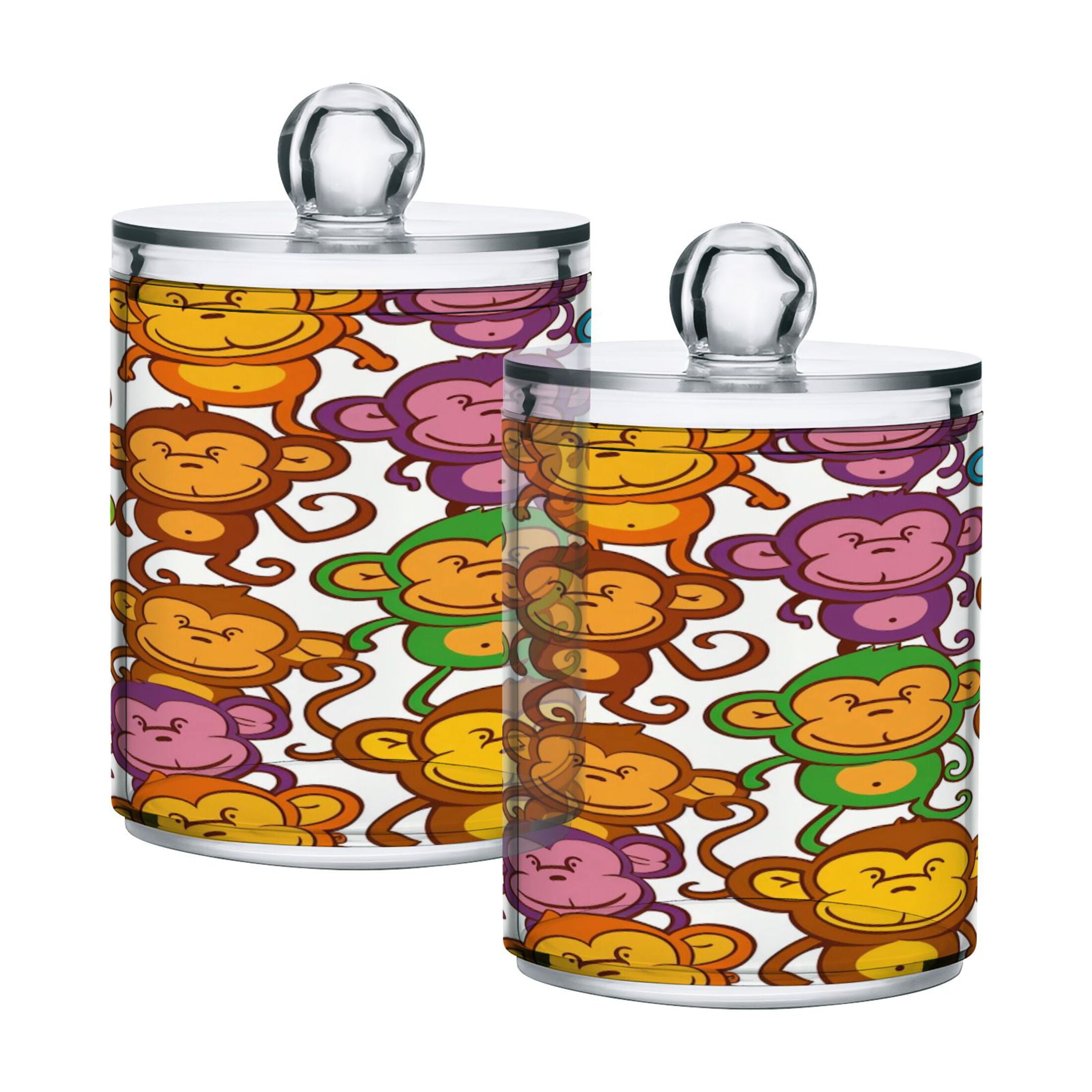 2 Pack Qtip Holder Dispenser Cartoon Colorful Monkey Clear Plastic Storage Apothecary Jars for ...