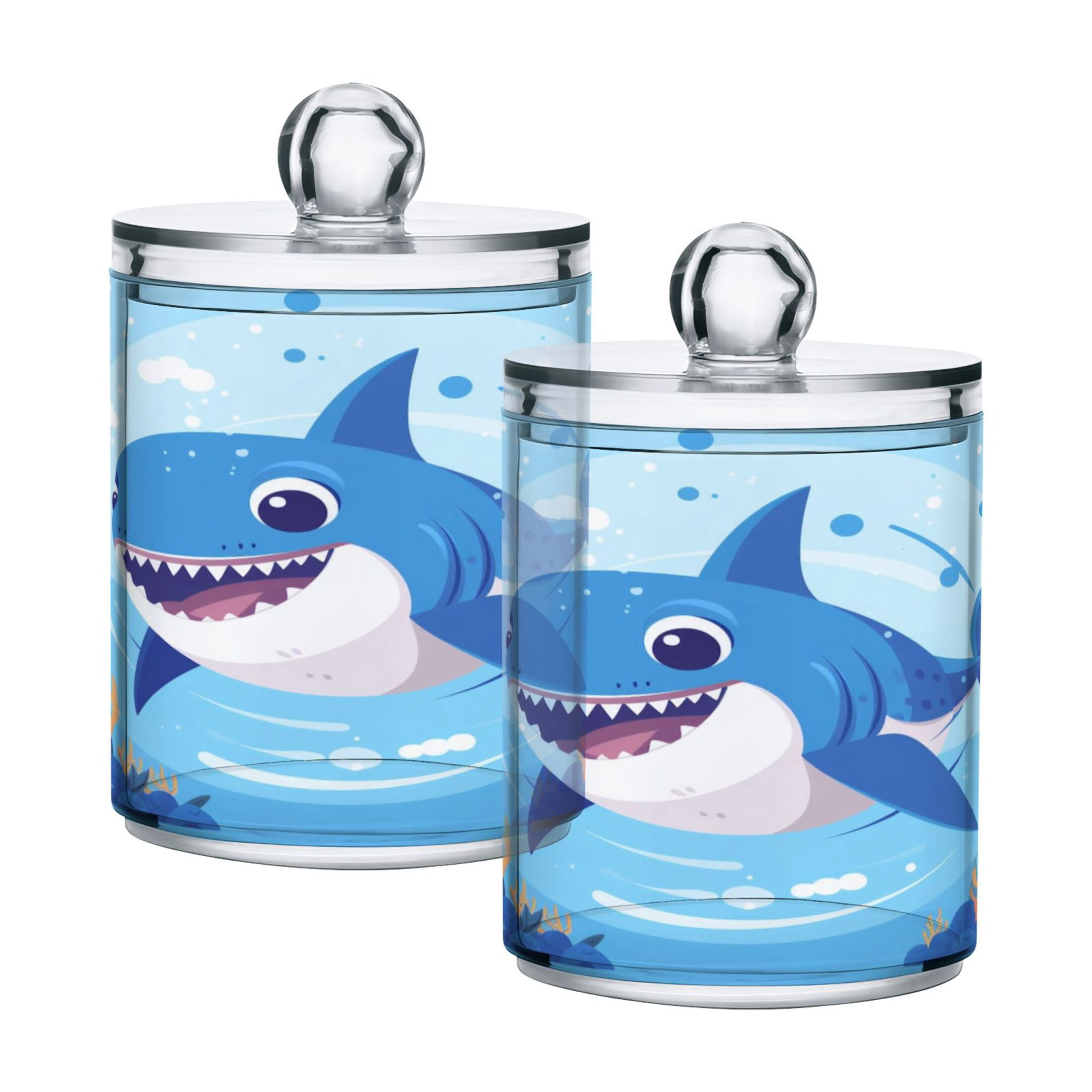 2 Pack Qtip Holder Dispenser Cartoon Cute Shark with Fish Clear Plastic ...
