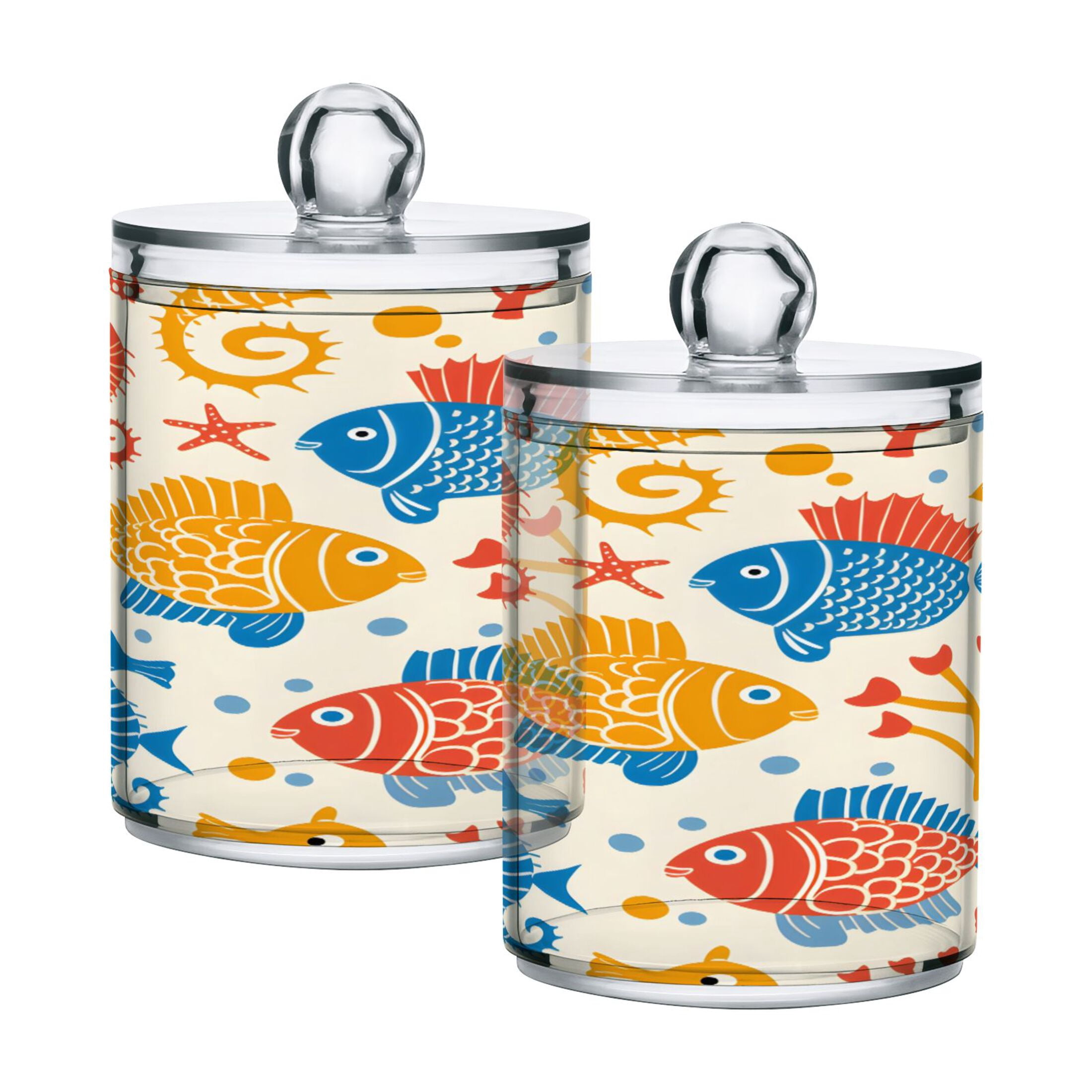 2 Pack Qtip Holder Dispenser Cartoon Fish and Seahorse Clear Plastic ...