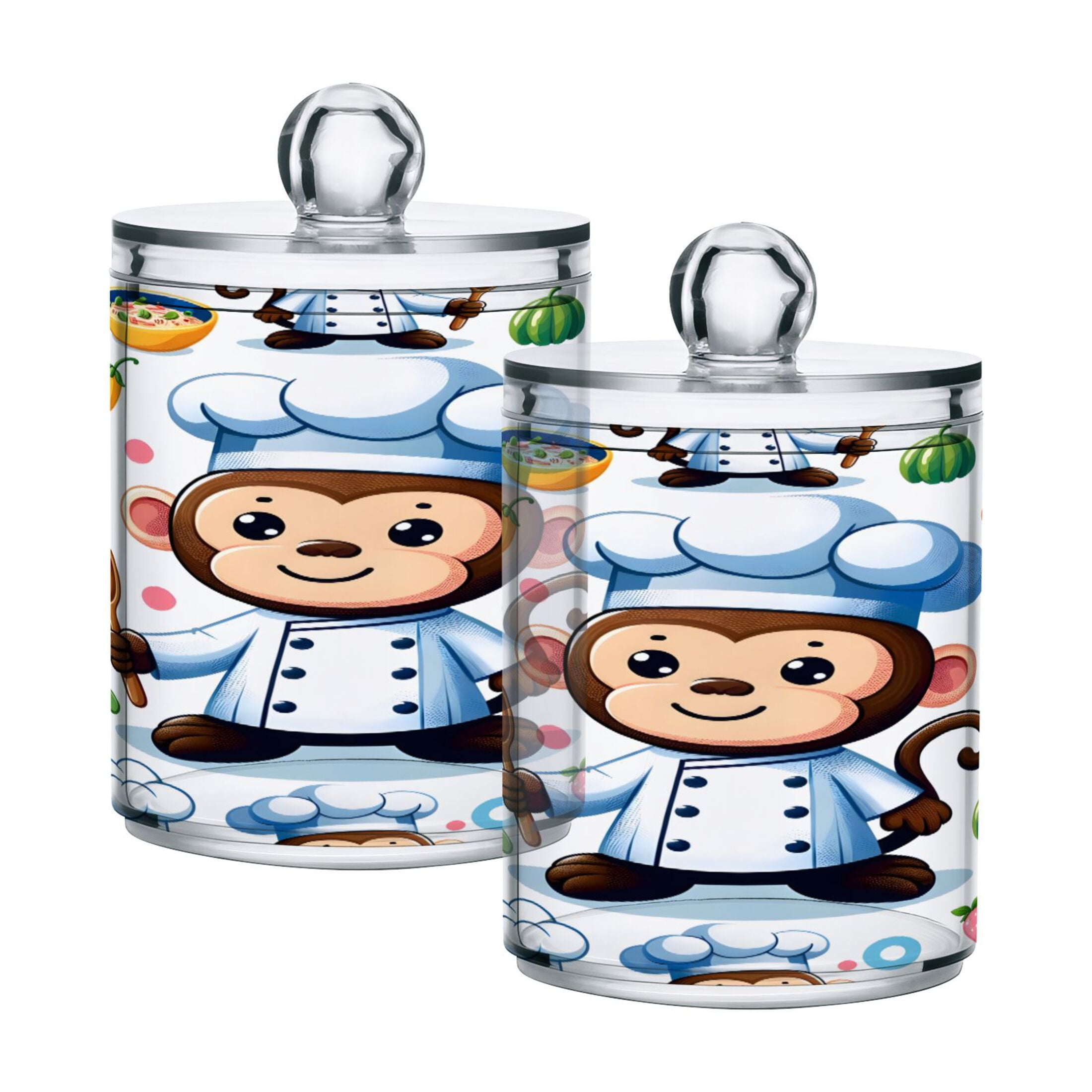 2 Pack Qtip Holder Dispenser Cartoon Monkey Animal Chef Clear Plastic ...