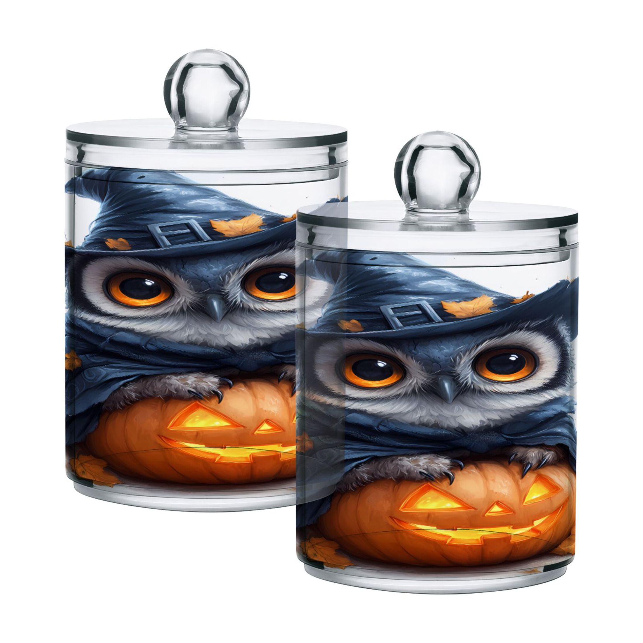 2 Pack Qtip Holder Dispenser Cartoon Owl Witch and Pumpkins Clear ...