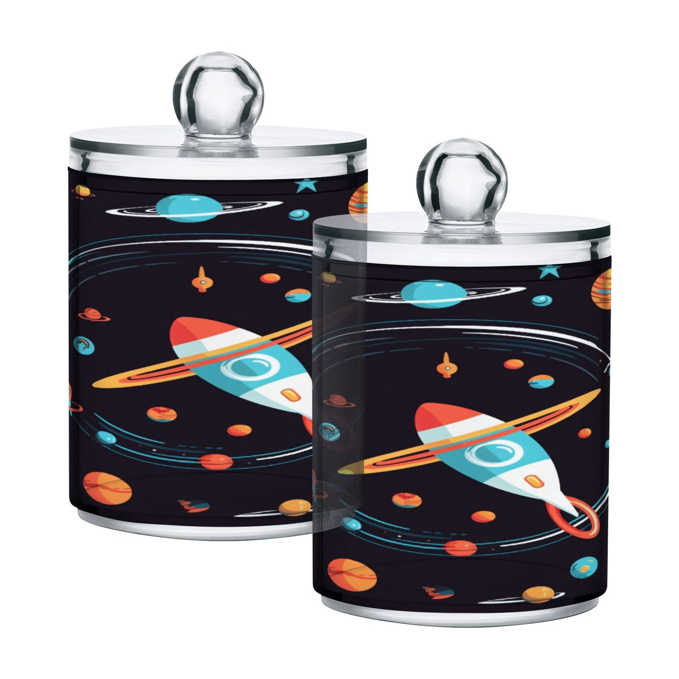 2 Pack Qtip Holder Dispenser Cartoon Rocket and Planet Clear Plastic ...