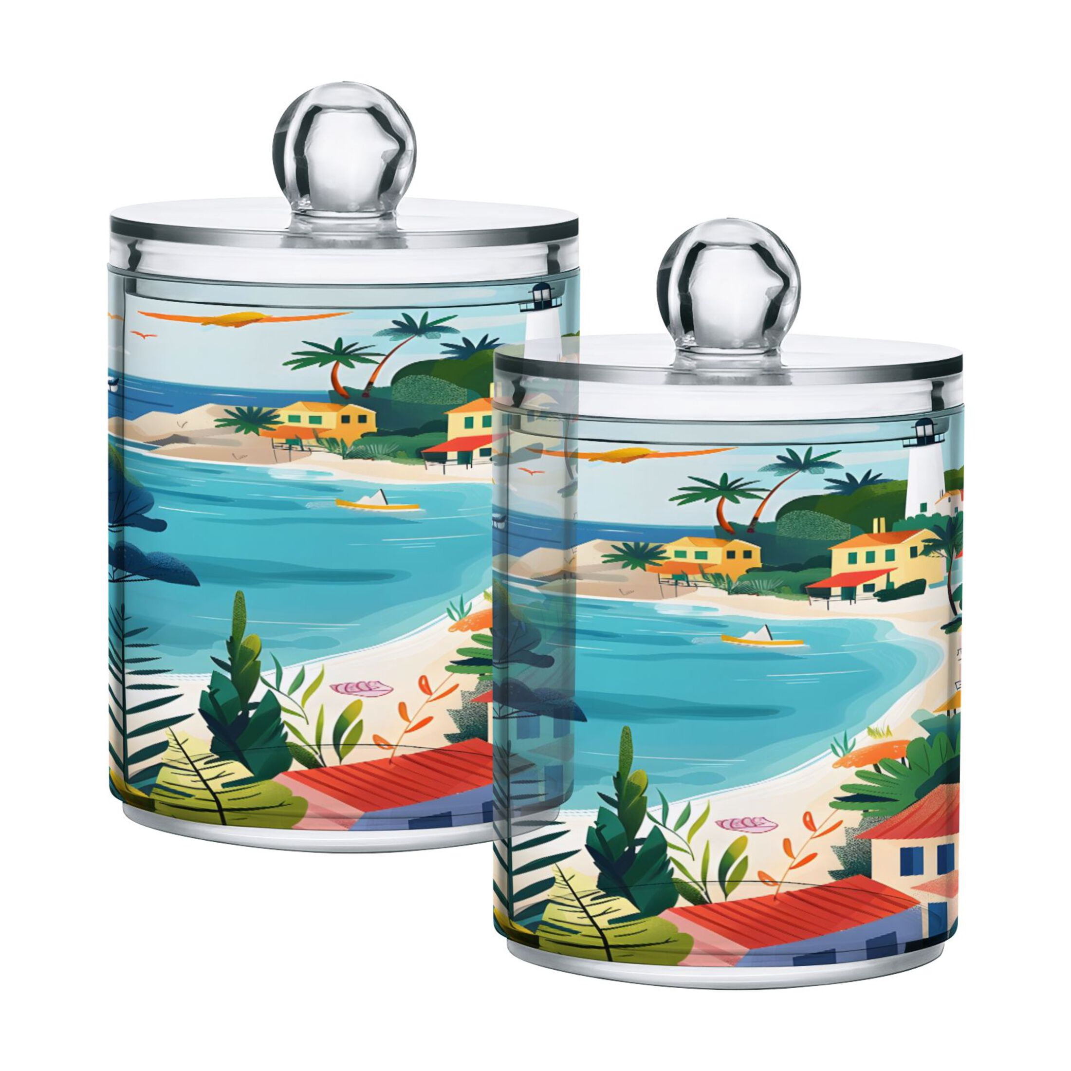 2 Pack Qtip Holder Dispenser Cartoon Seaside Scenery Clear Plastic ...