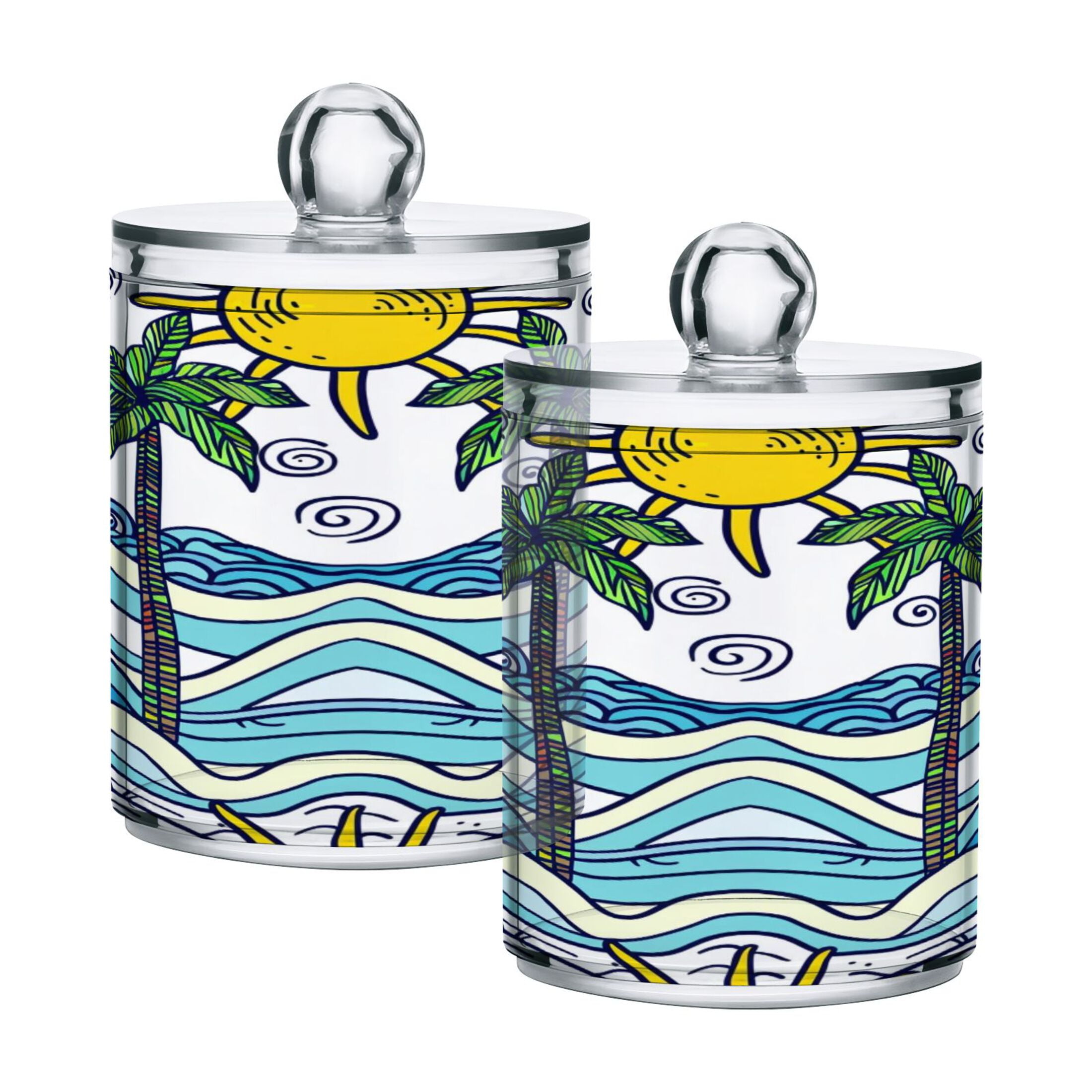 2 Pack Qtip Holder Dispenser Coconut Tree and Sun Clear Plastic Storage ...