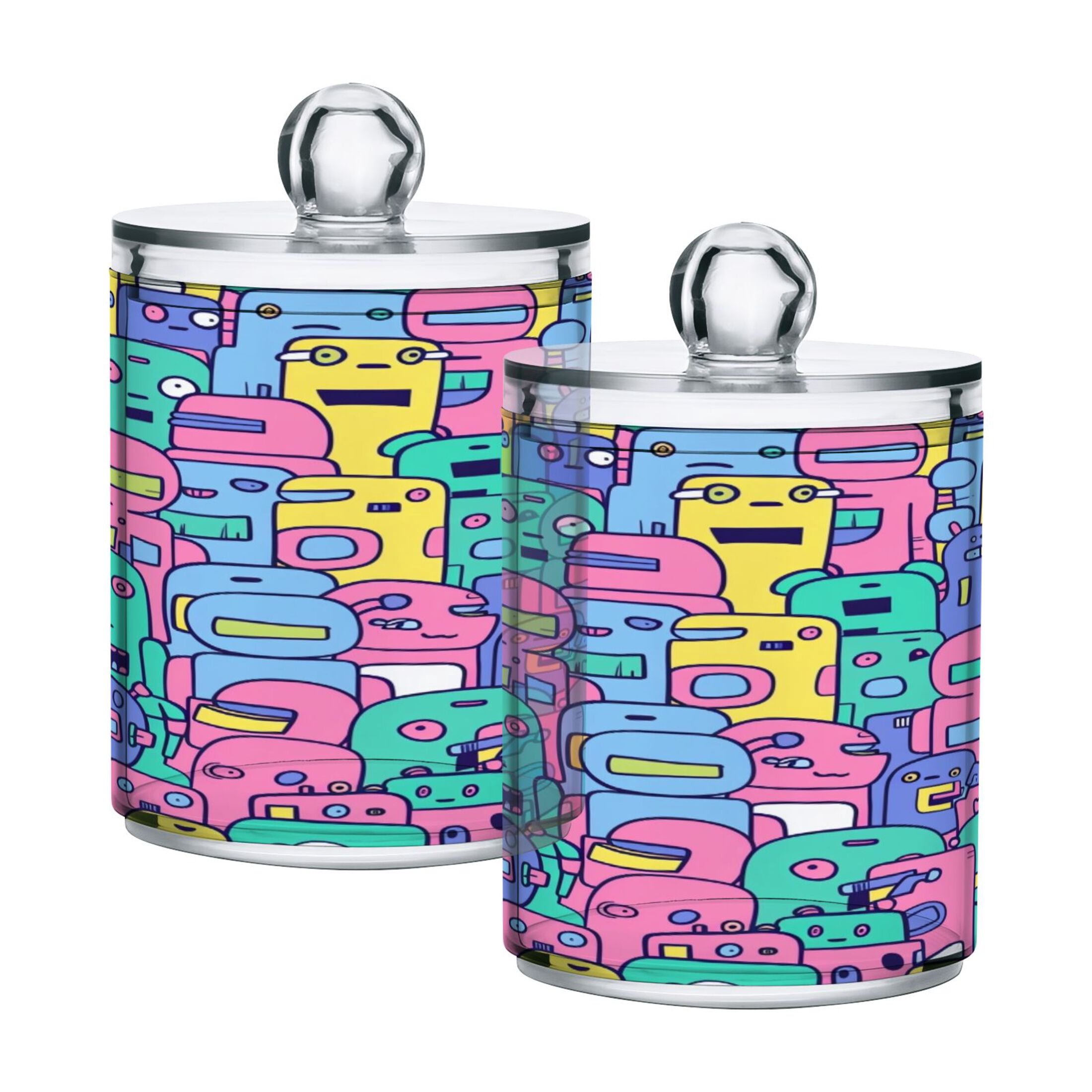 2 Pack Qtip Holder Dispenser Colorful Cartoon Robots Clear Plastic ...