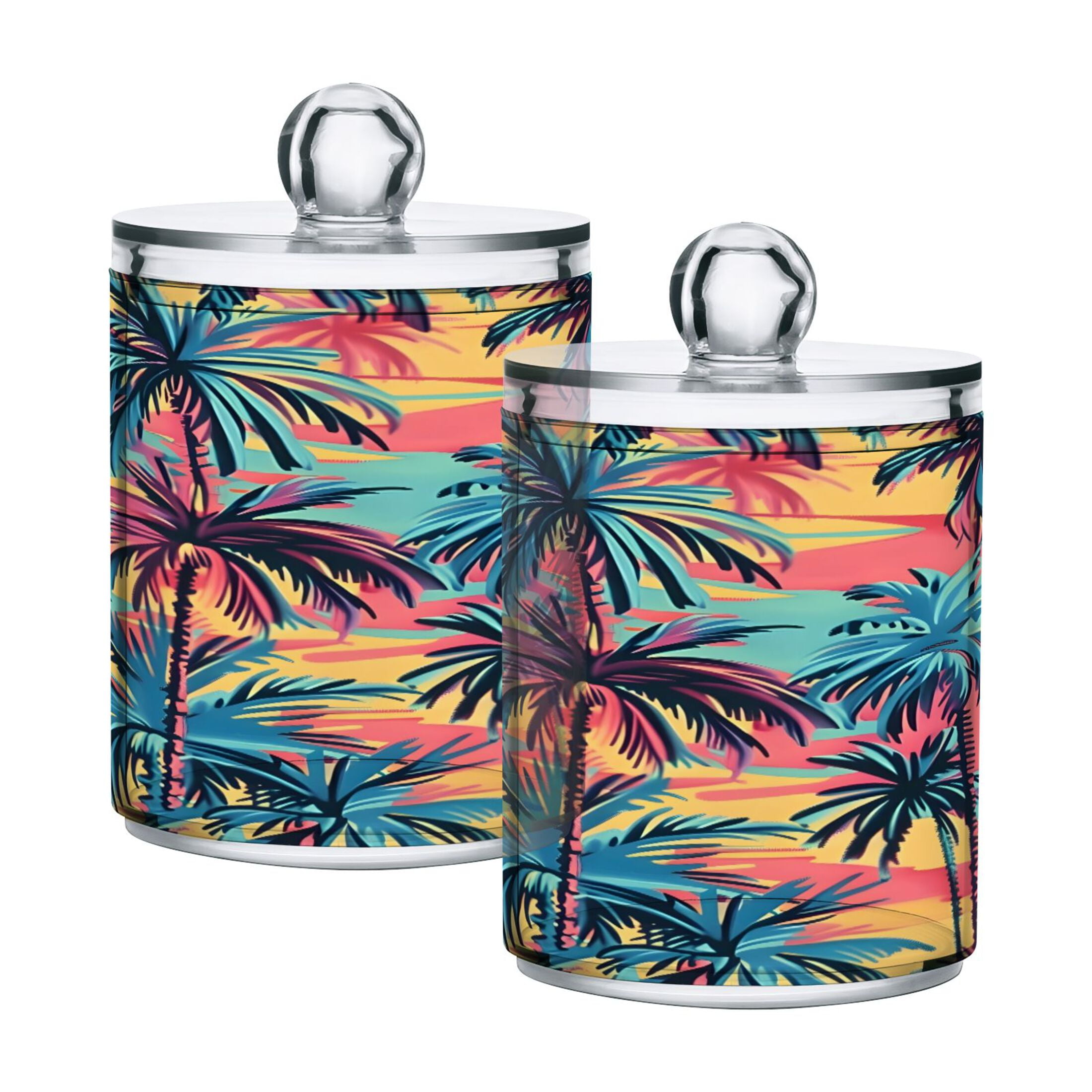 2 Pack Qtip Holder Dispenser Colorful Palm Tree Clear Plastic Storage ...