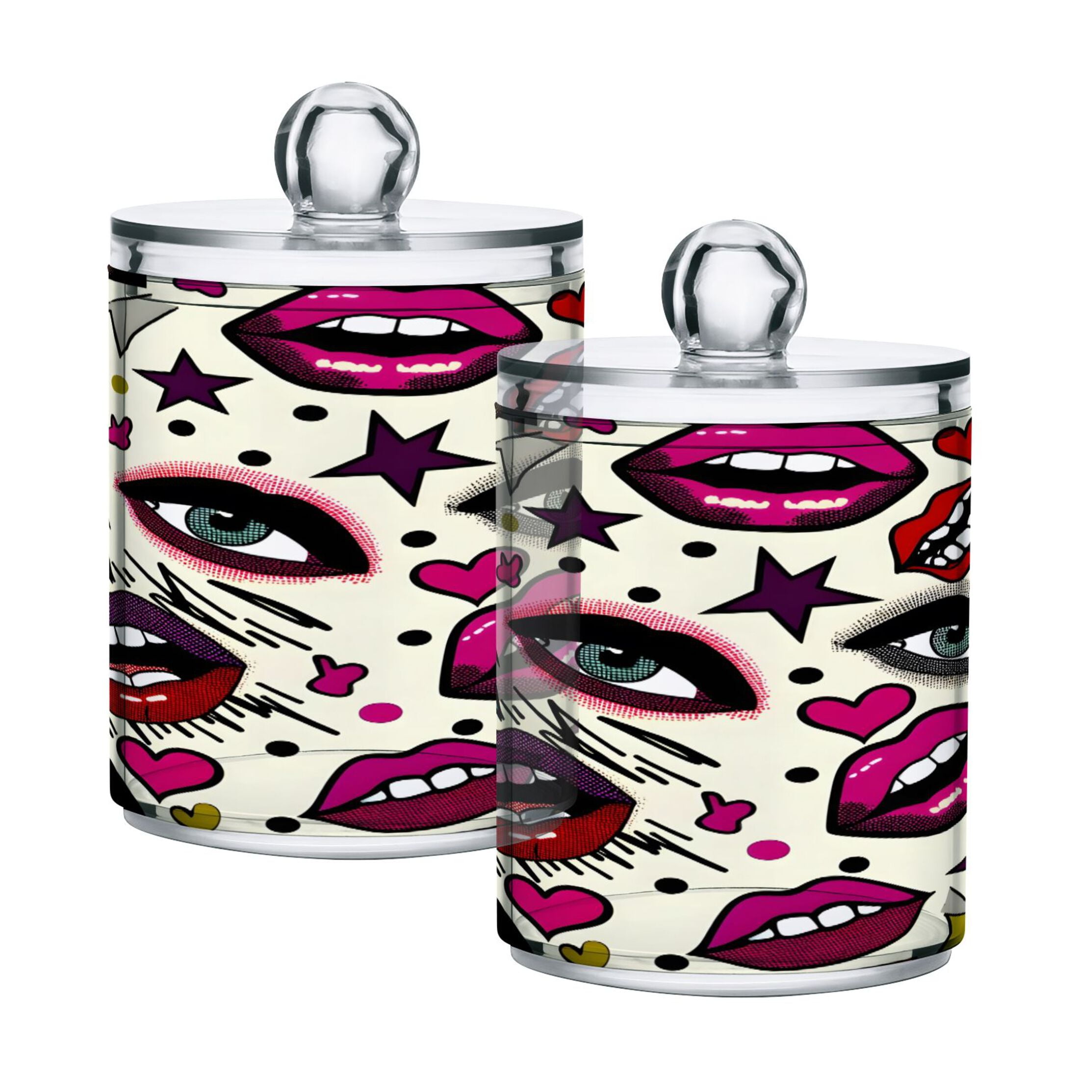 2 Pack Qtip Holder Dispenser Comic Lips Eyes Stars Clear Plastic Storage Apothecary Jars for ...