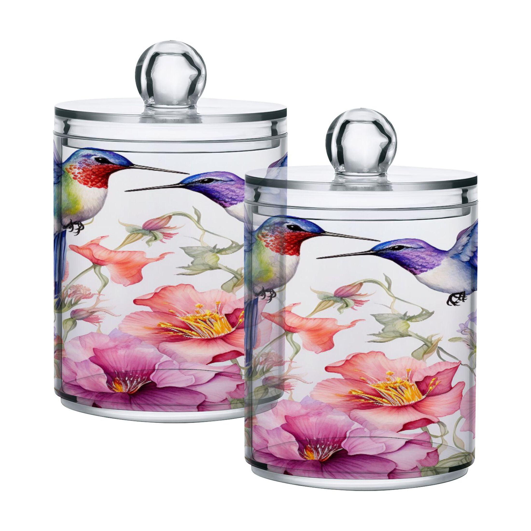 2 Pack Qtip Holder Dispenser Couple Hummingbird with Flower Clear ...