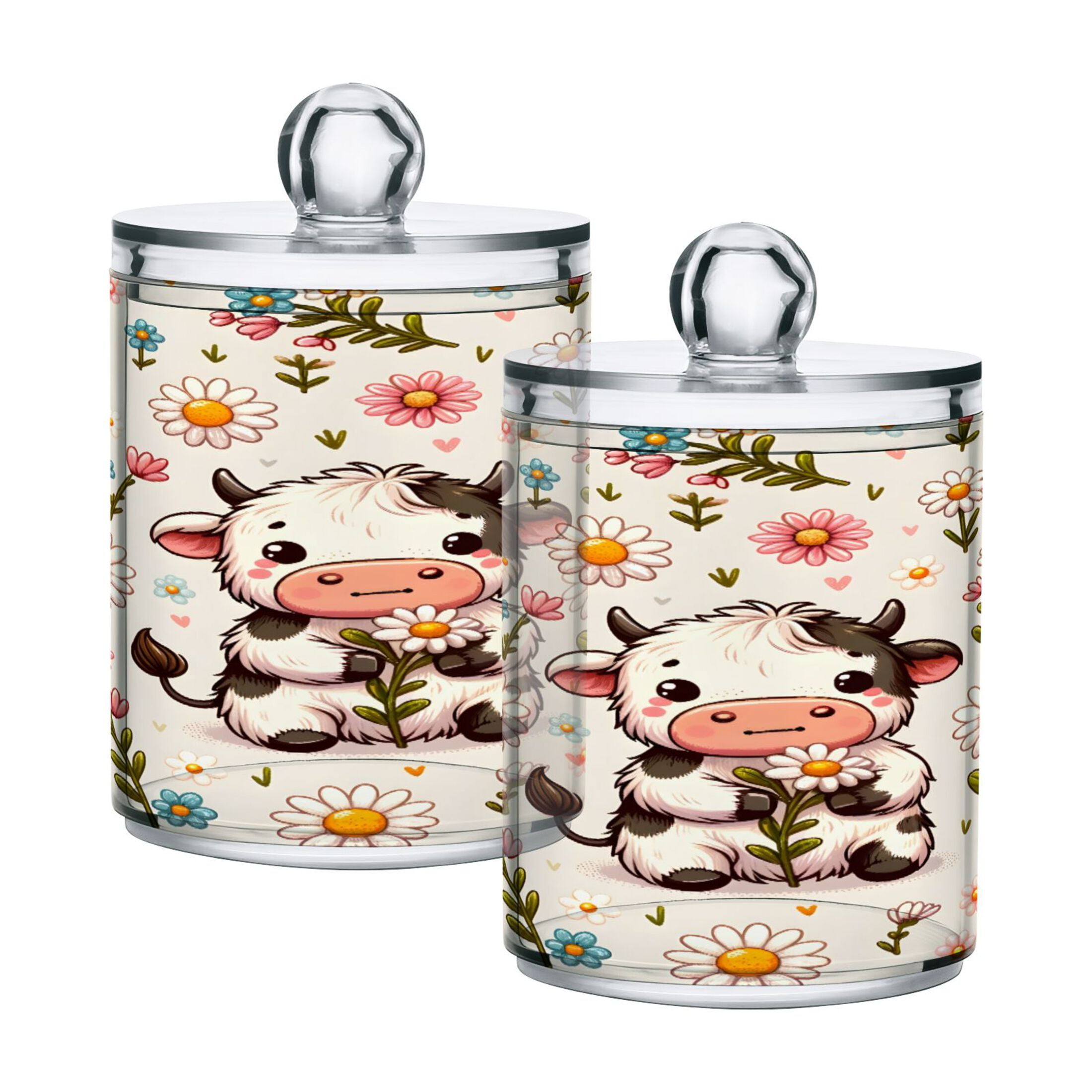 2 Pack Qtip Holder Dispenser Cute Cow and Daisies Clear Plastic Storage ...
