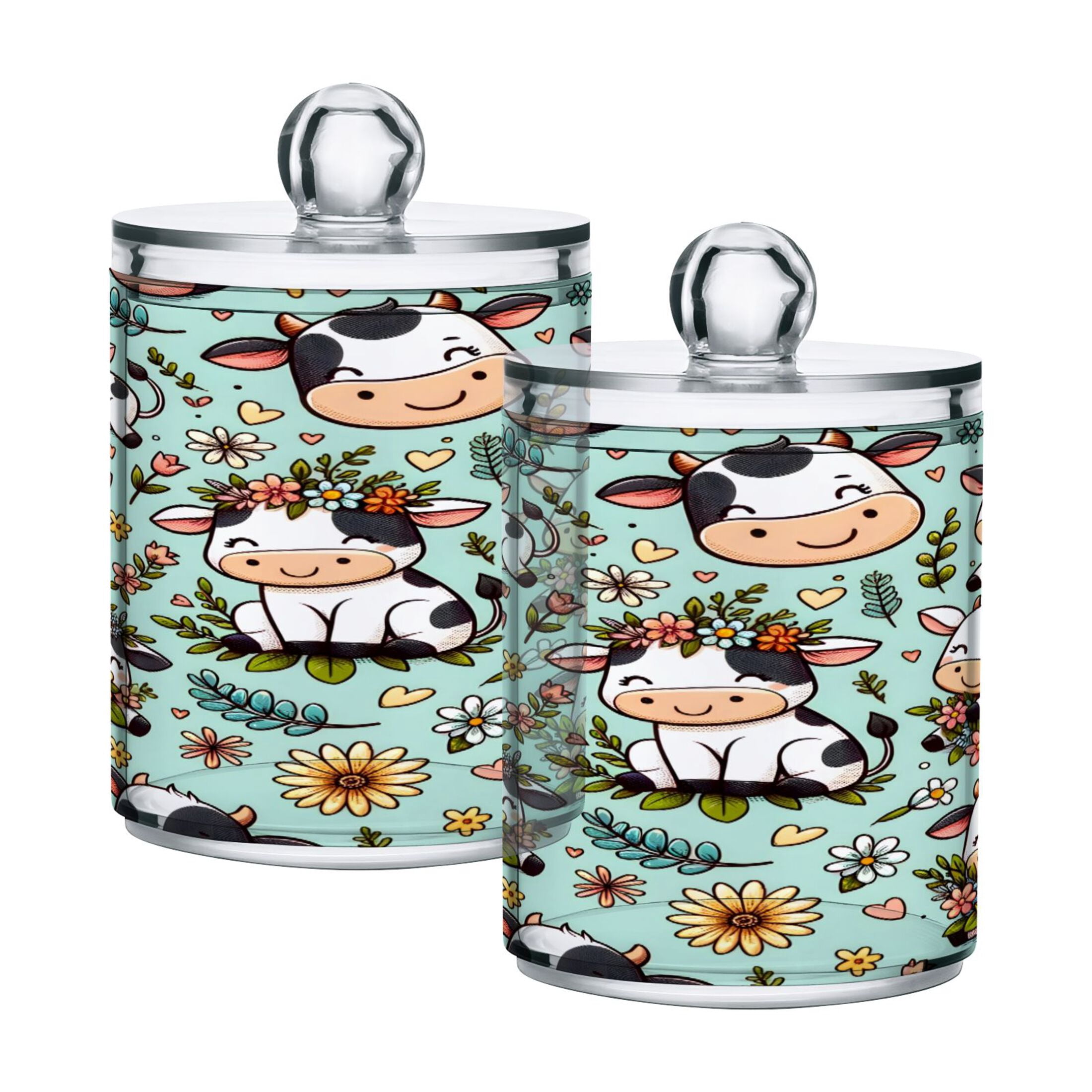 2 Pack Qtip Holder Dispenser Cute Cow in Plants Clear Plastic Storage ...