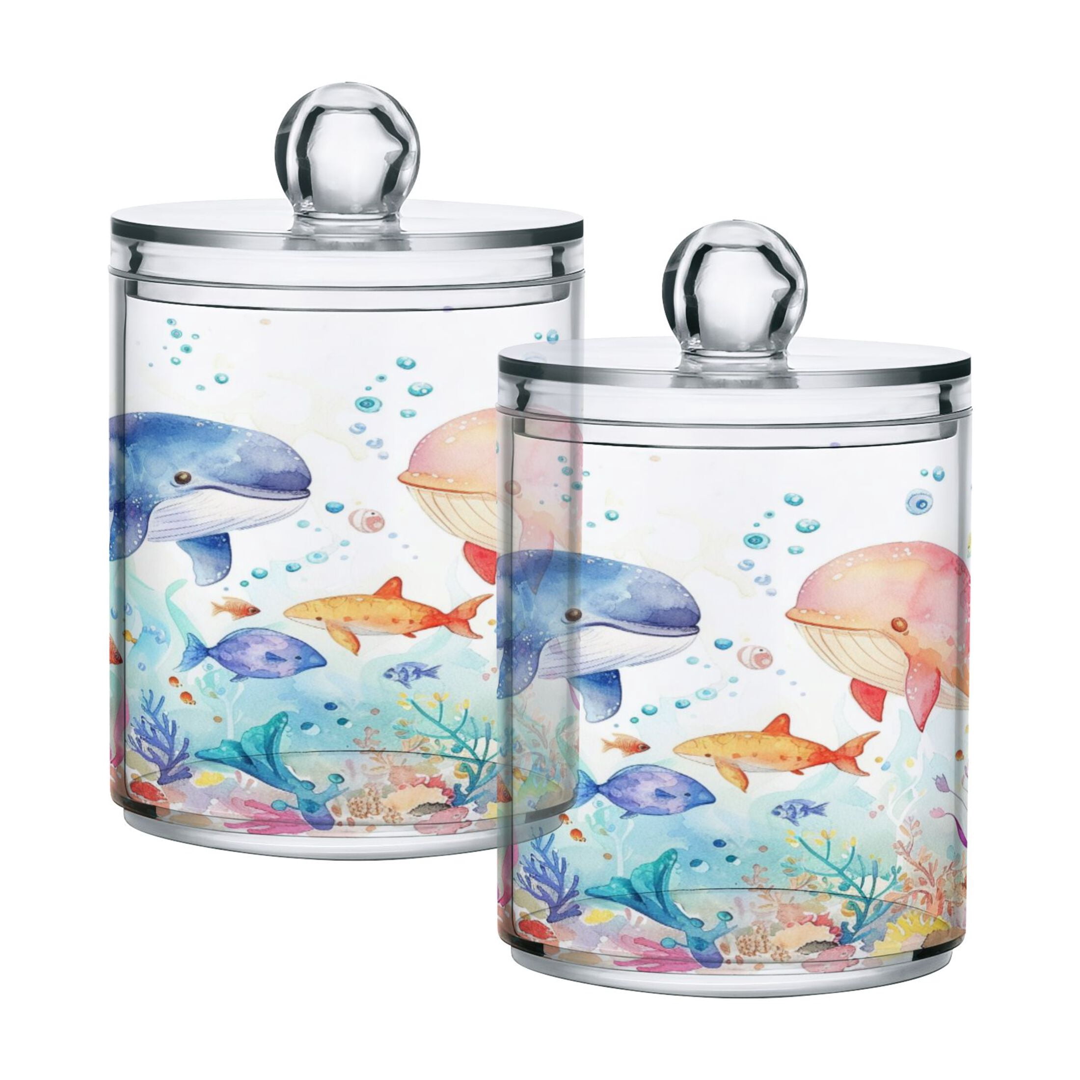 2 Pack Qtip Holder Dispenser Cute Fish and Whale Clear Plastic Storage ...