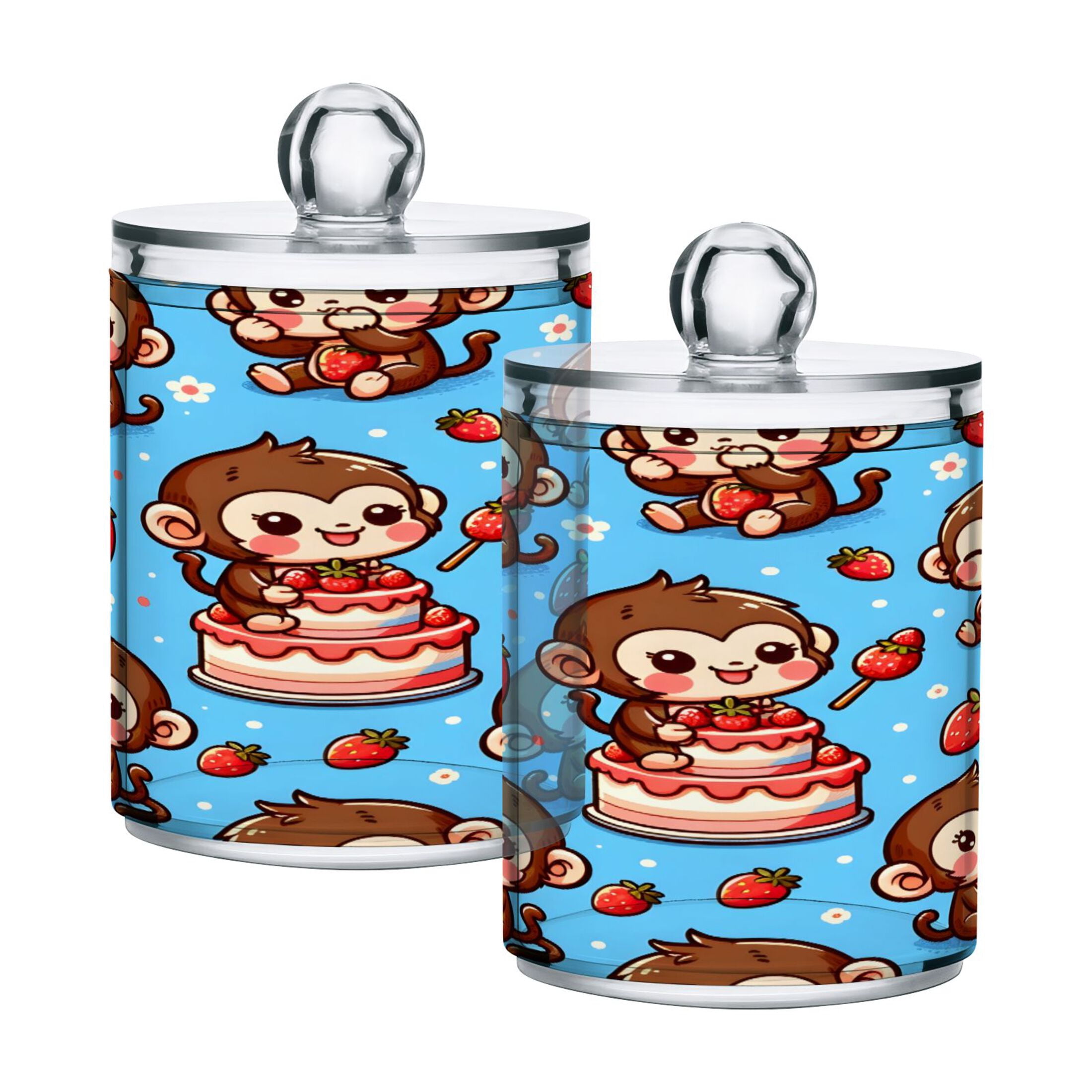 2 Pack Qtip Holder Dispenser Cute Monkey on Cake Clear Plastic Storage ...
