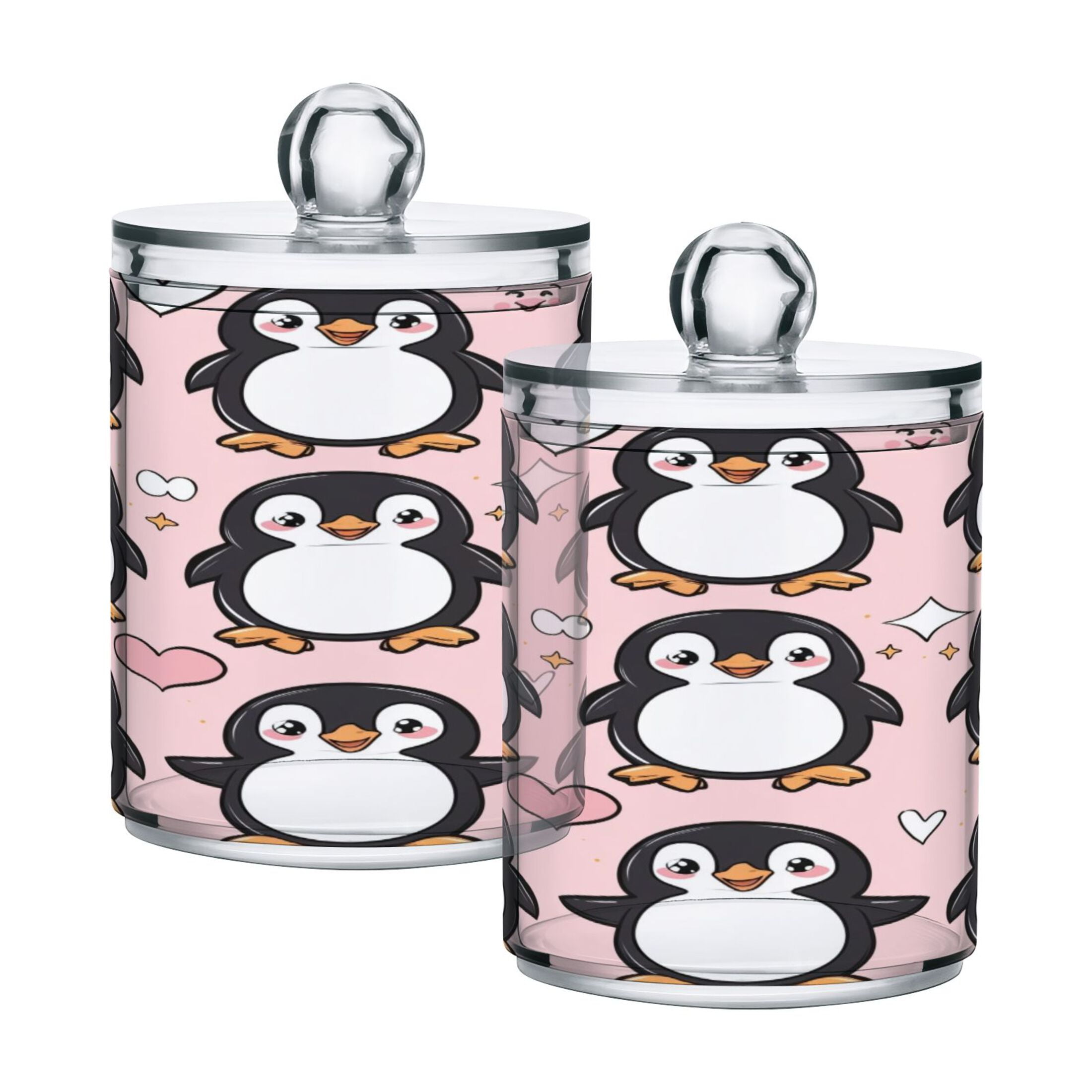 2 Pack Qtip Holder Dispenser Cute Penguins and Heart Clear Plastic ...