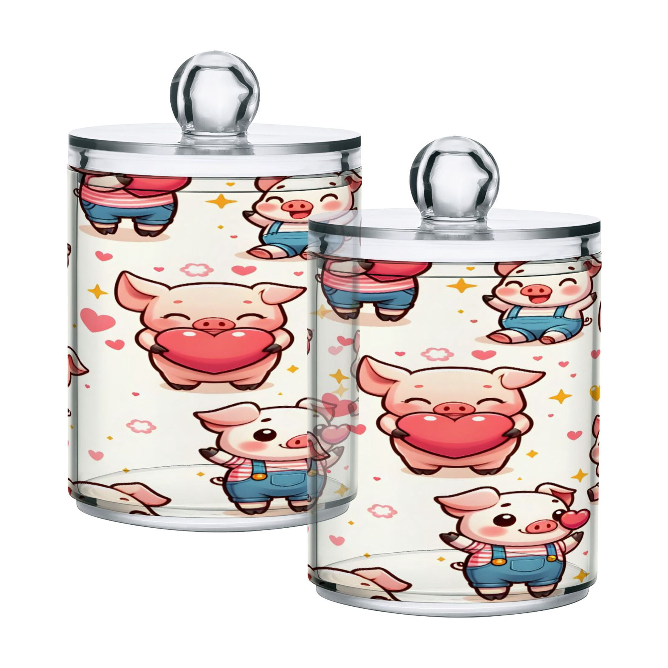 2 Pack Qtip Holder Dispenser Cute Pig with Heart Clear Plastic Storage ...