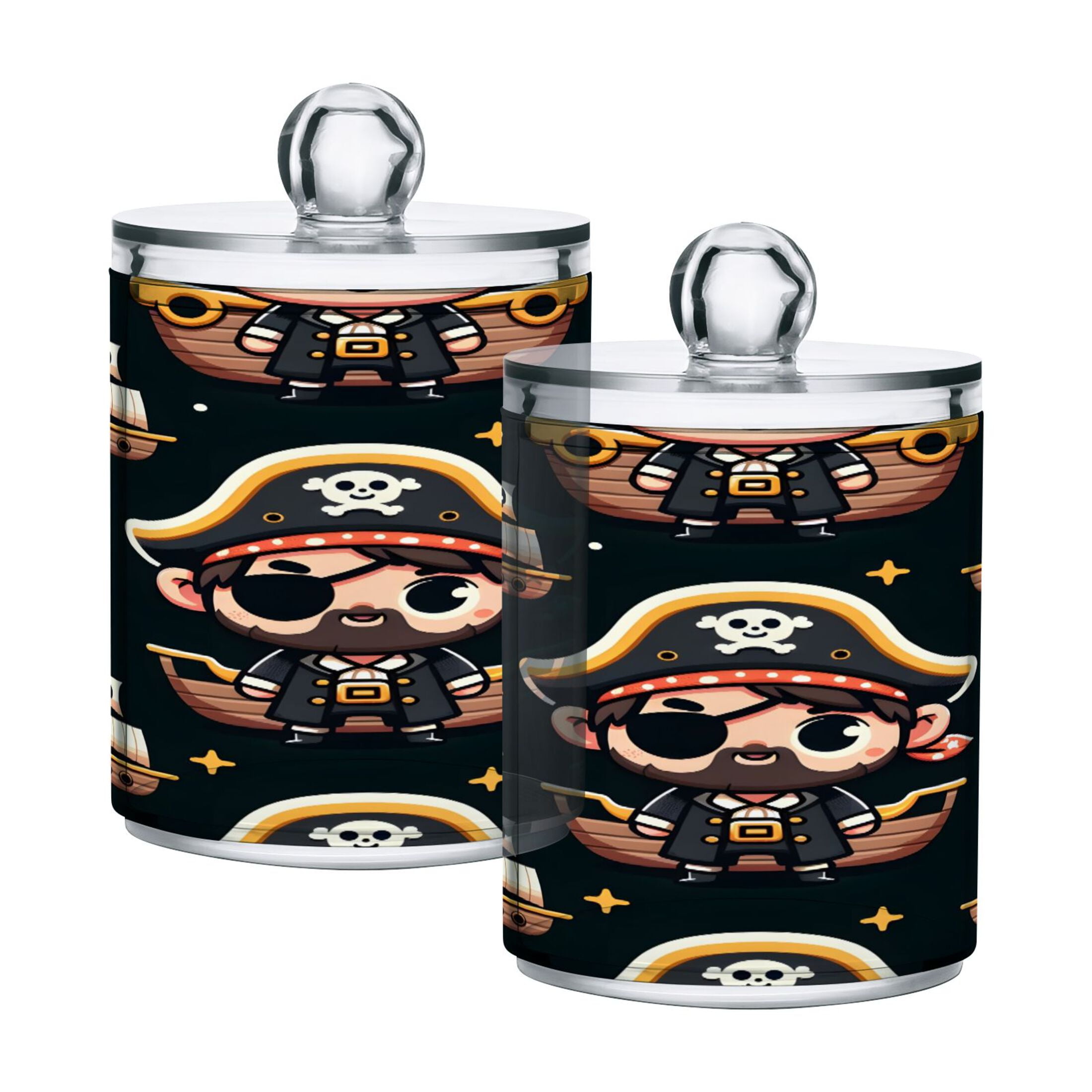 2 Pack Qtip Holder Dispenser Cute Pirate and Ship Clear Plastic Storage ...