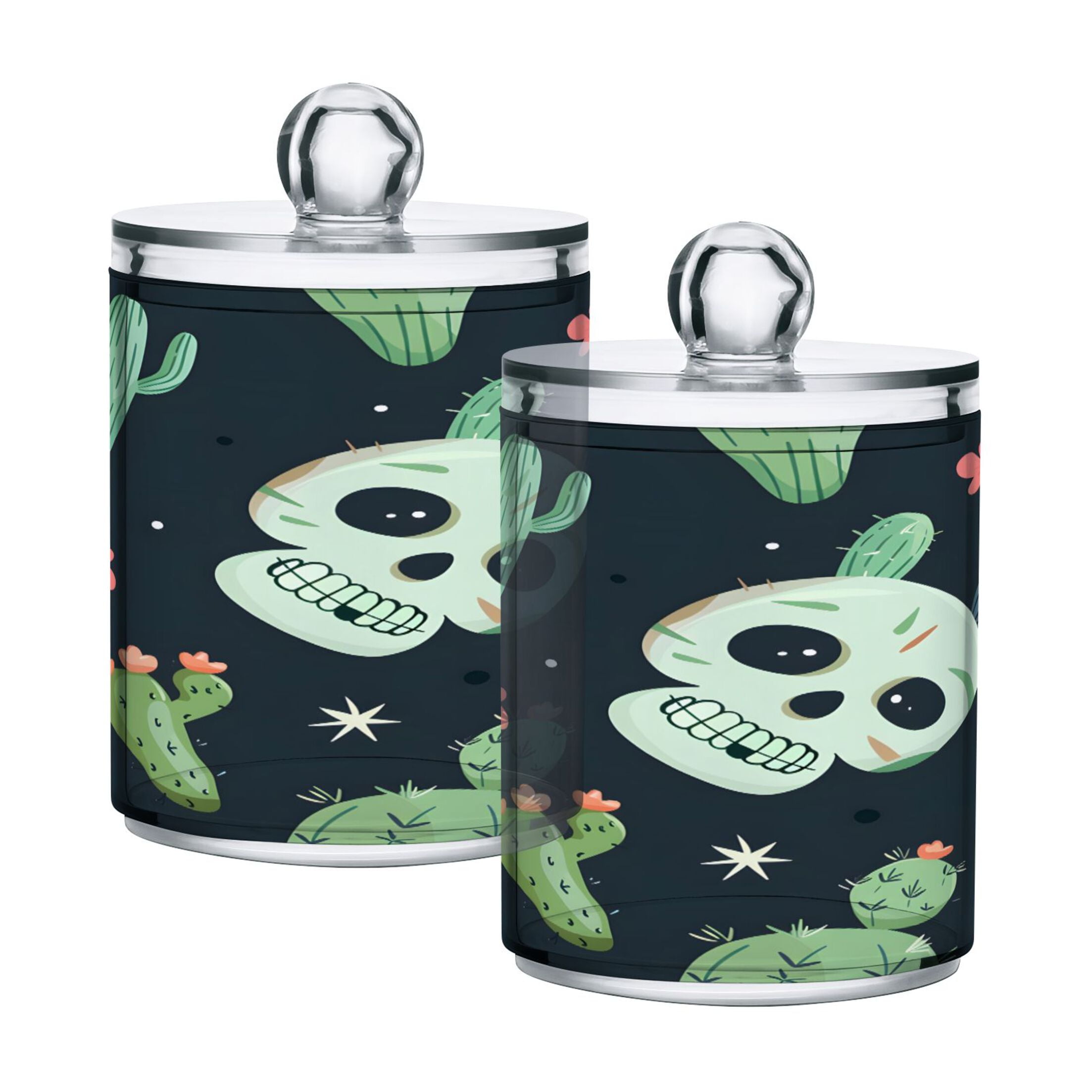 2 Pack Qtip Holder Dispenser Cute Skull and Cactus Clear Plastic ...