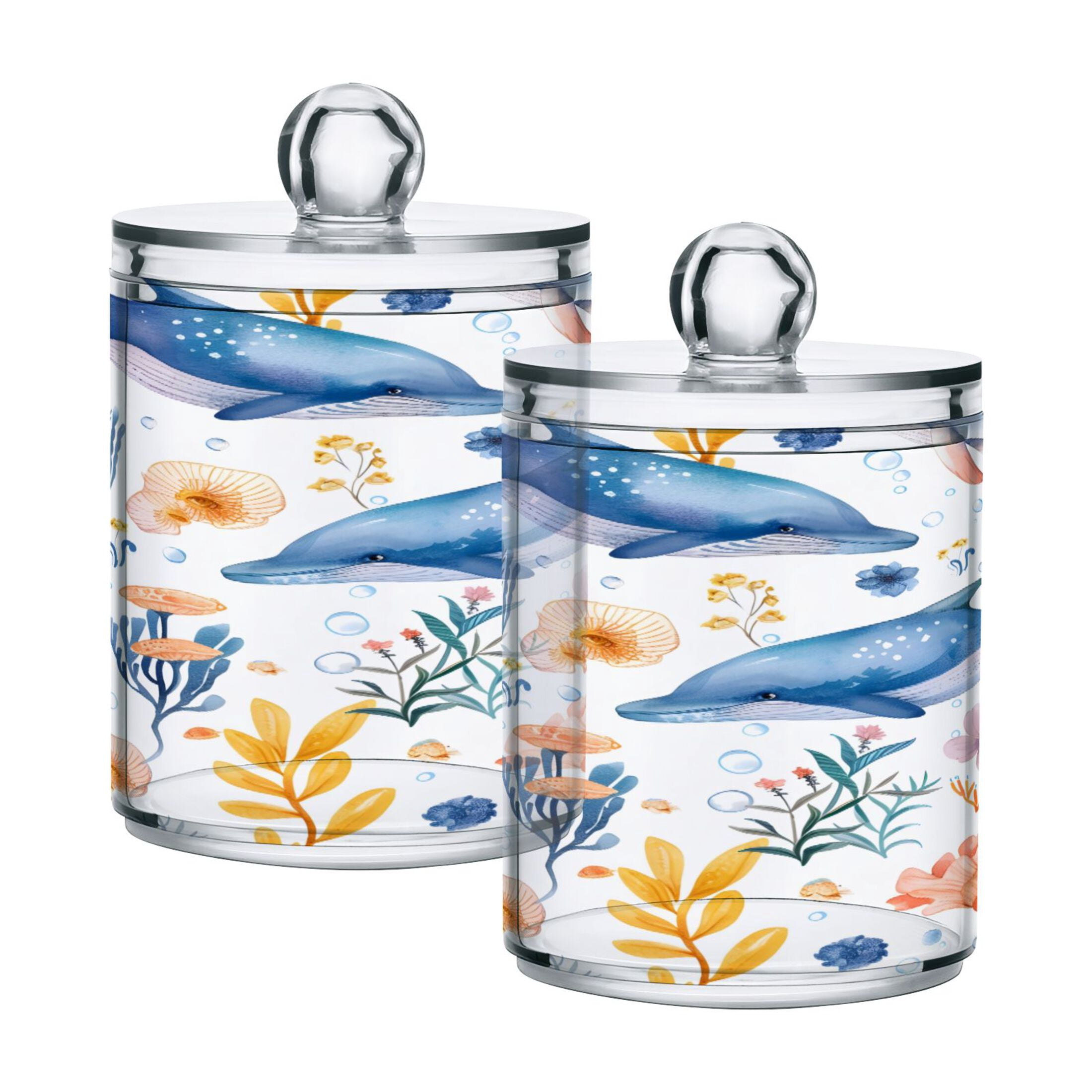 2 Pack Qtip Holder Dispenser Dolphins and Flowers Clear Plastic Storage ...