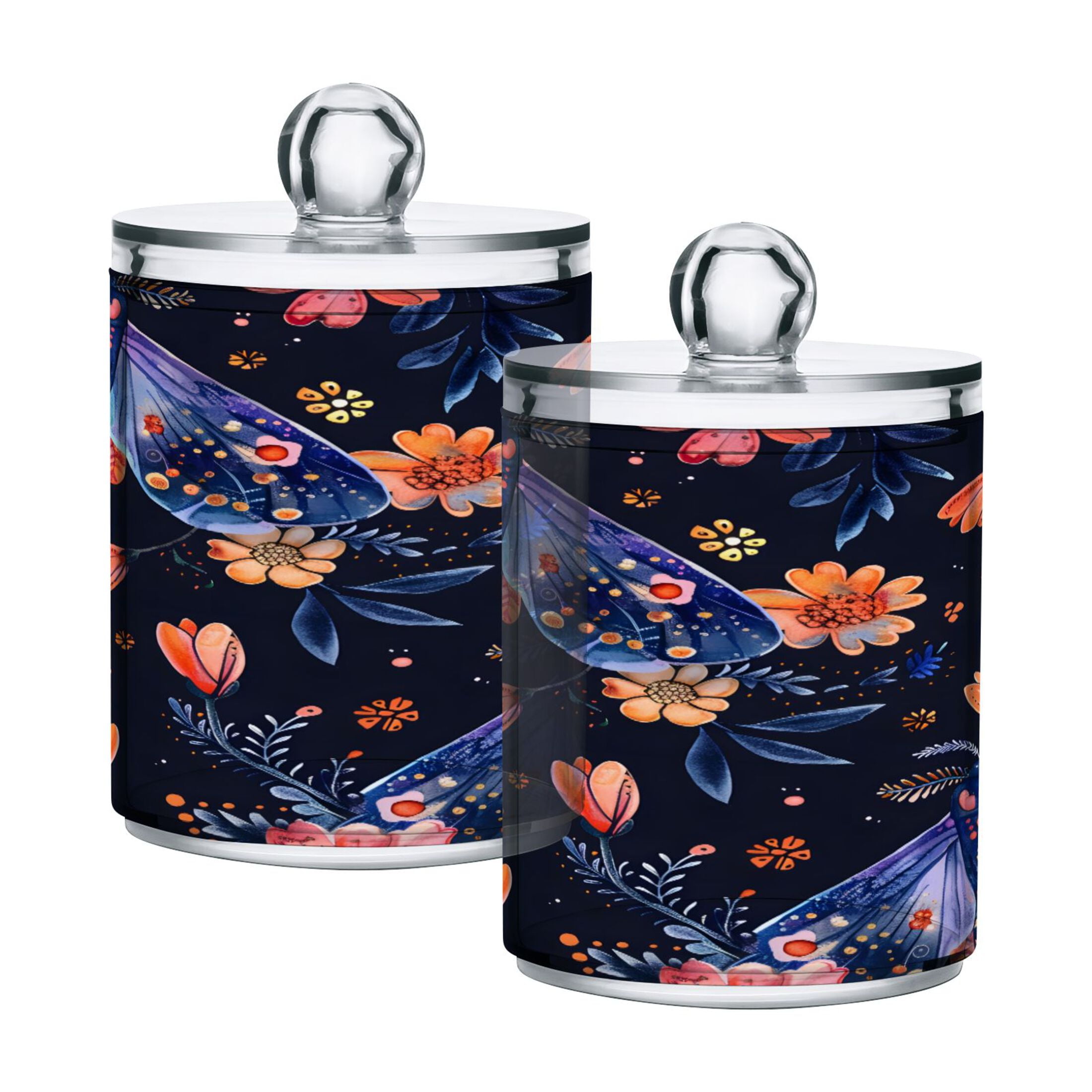 2 Pack Qtip Holder Dispenser Floral Moths and Flower Clear Plastic ...