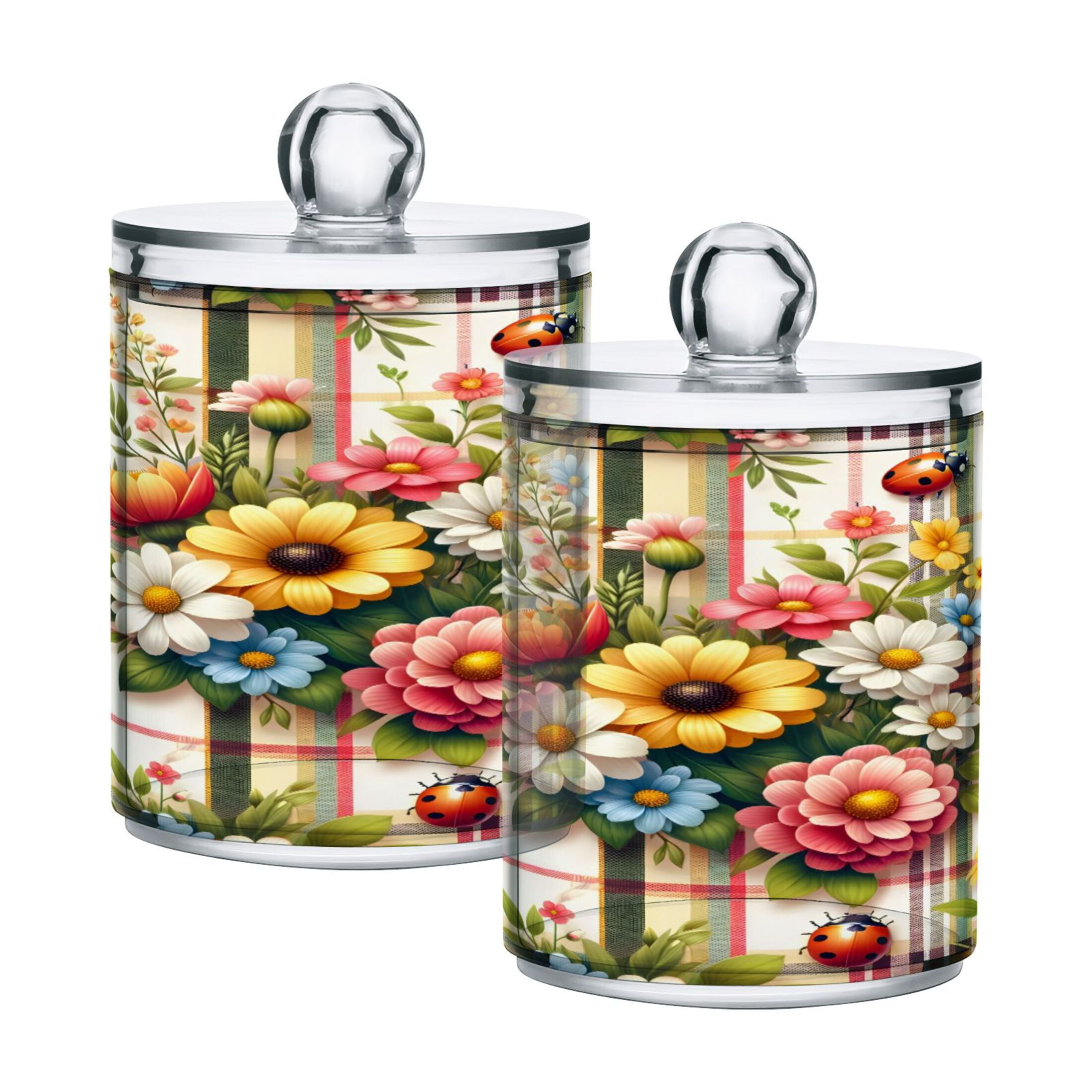 2 Pack Qtip Holder Dispenser Flowers with Lady Bugs Clear Plastic ...