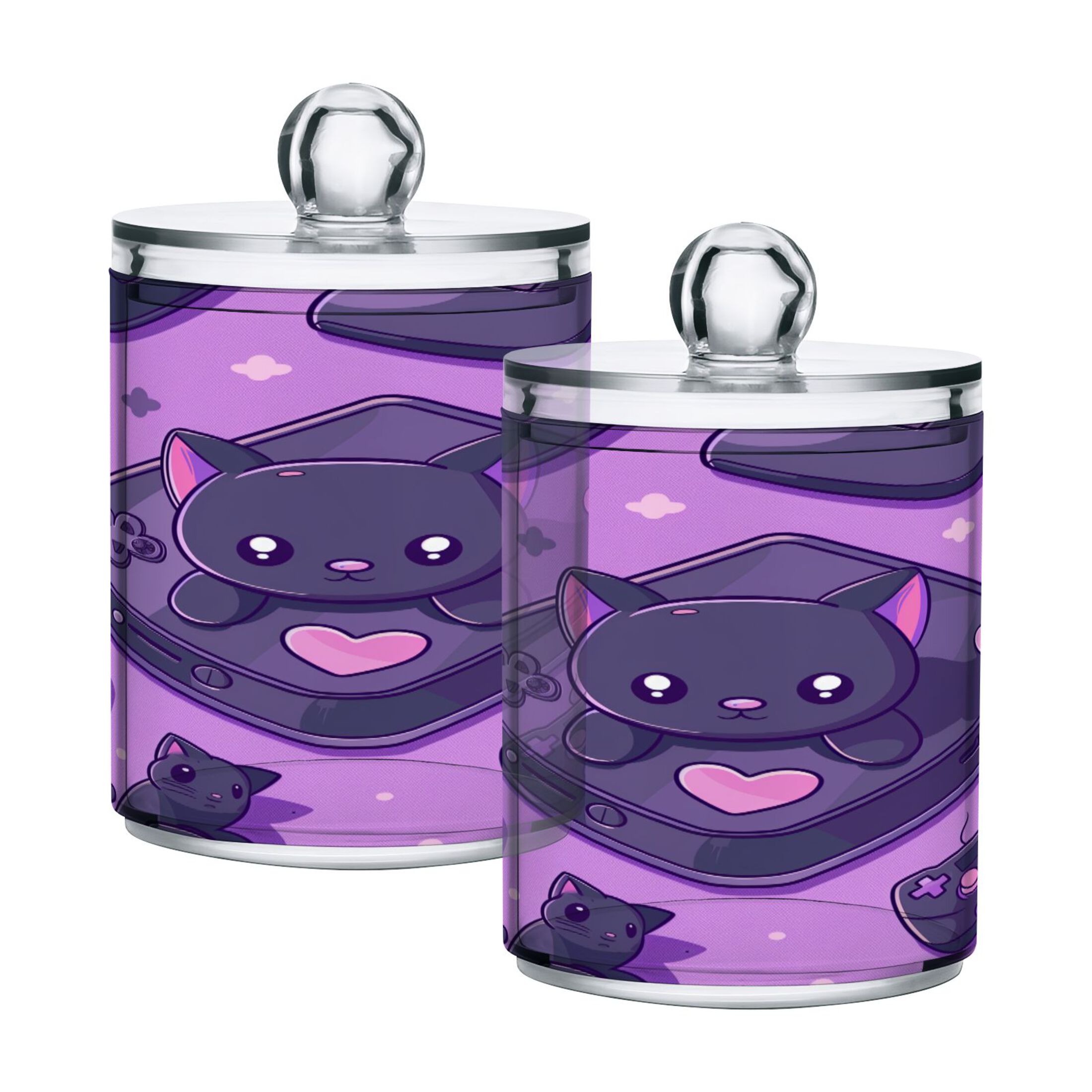 2 Pack Qtip Holder Dispenser Funny Cat and Game Console Clear Plastic ...
