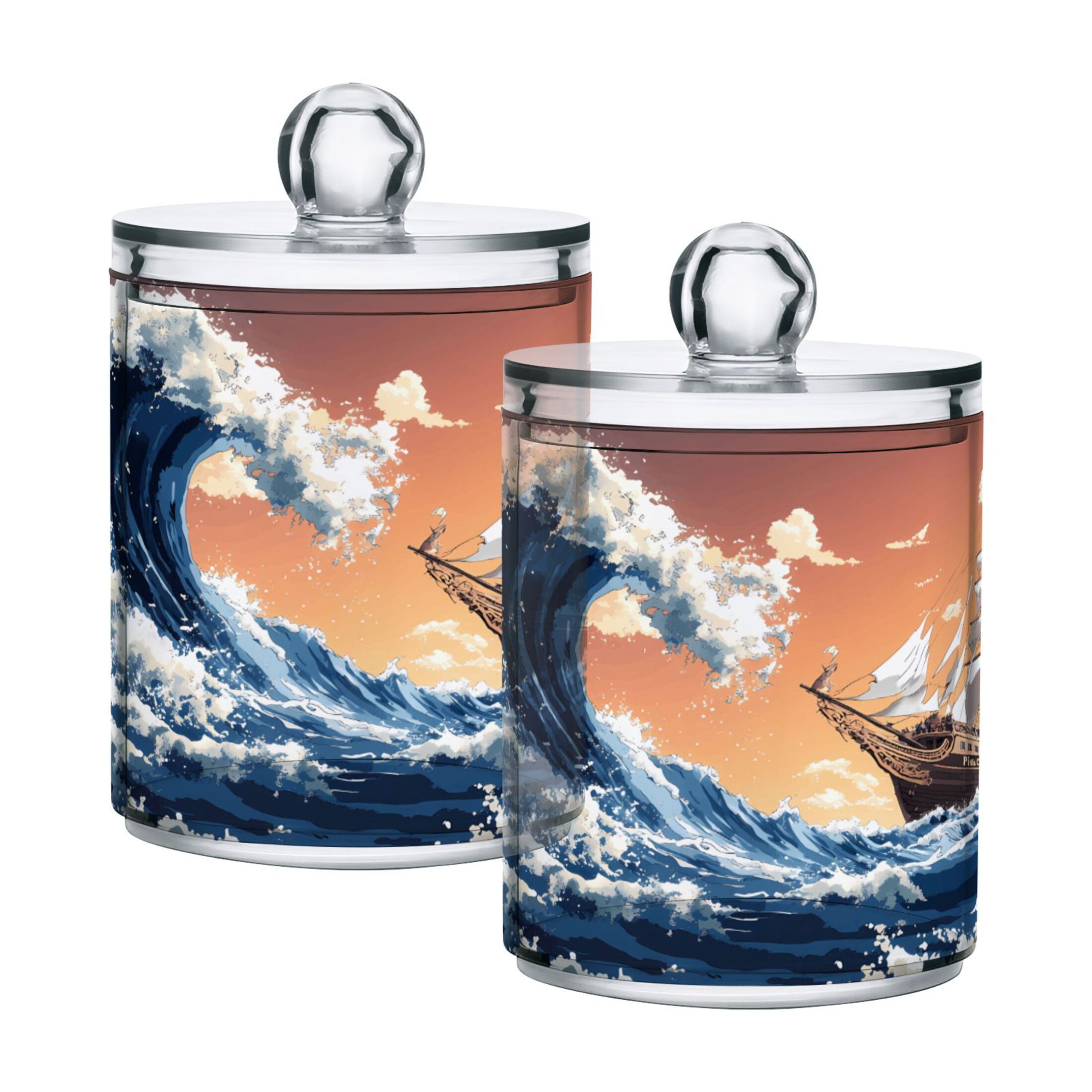 2 Pack Qtip Holder Dispenser Giant Waves and Pirate Ship Clear Plastic ...