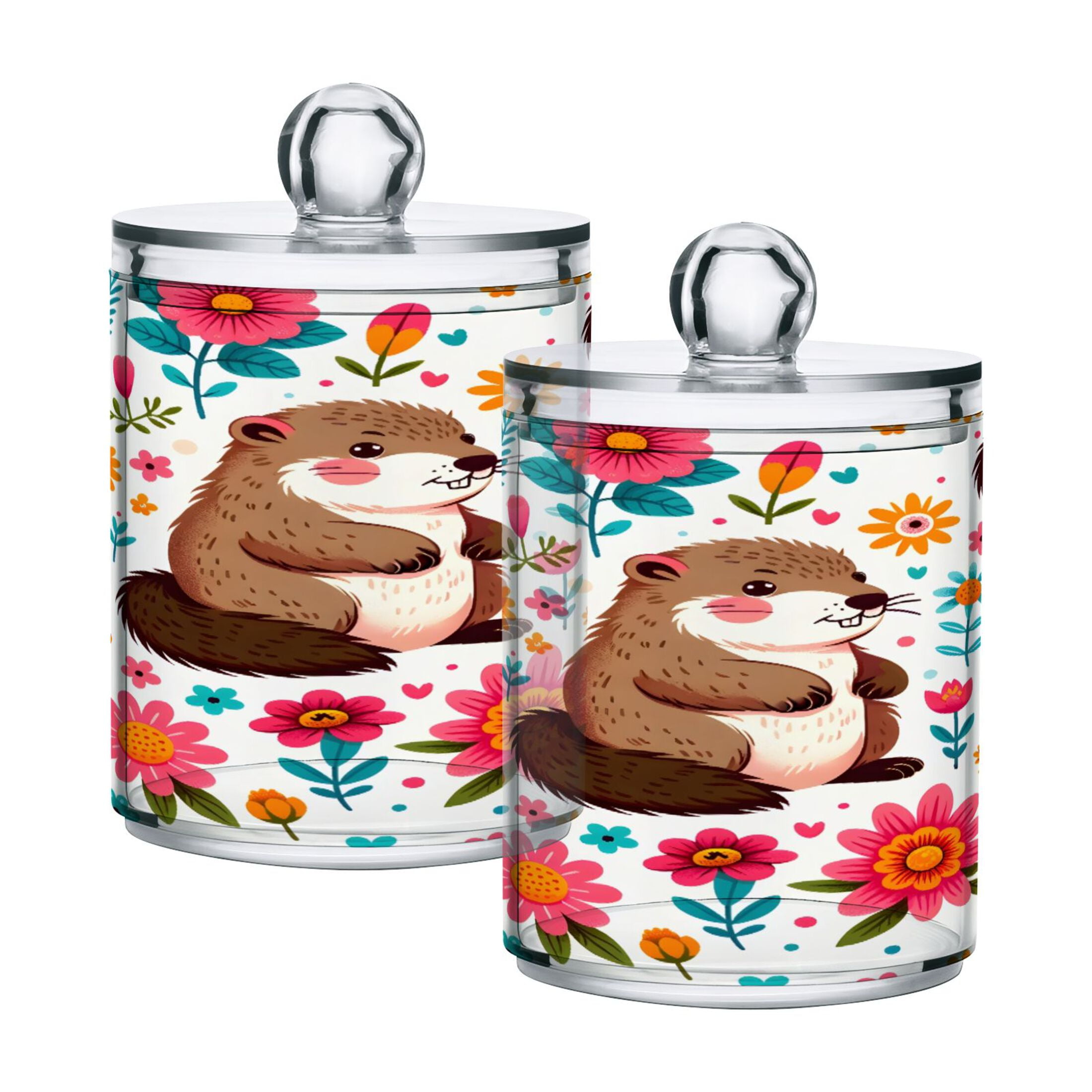 2 Pack Qtip Holder Dispenser Gophers and Flower Clear Plastic Storage ...
