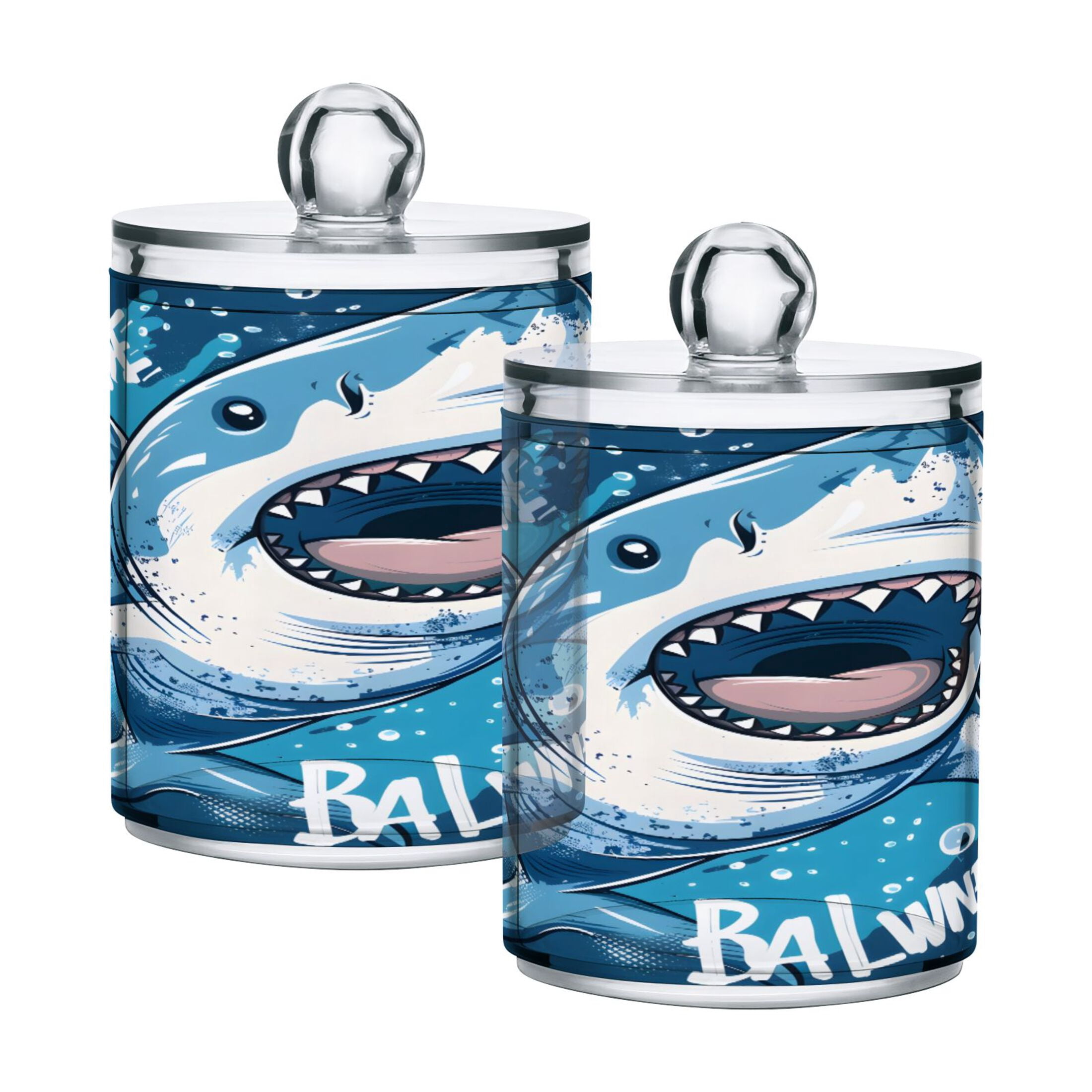 2 Pack Qtip Holder Dispenser Hand Drawn Cartoon Shark Clear Plastic ...