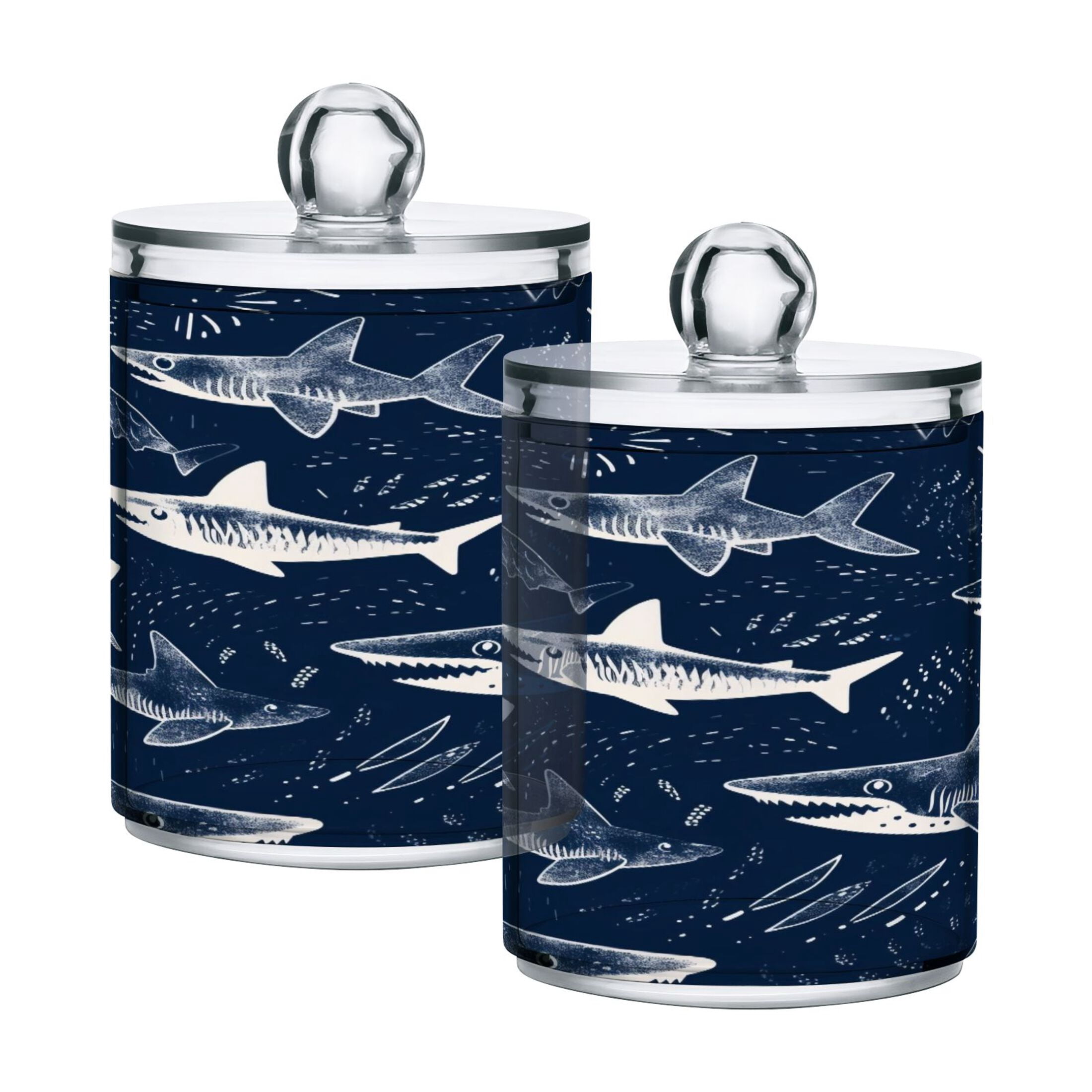2 Pack Qtip Holder Dispenser Hand Drawn Sharks Clear Plastic Storage ...