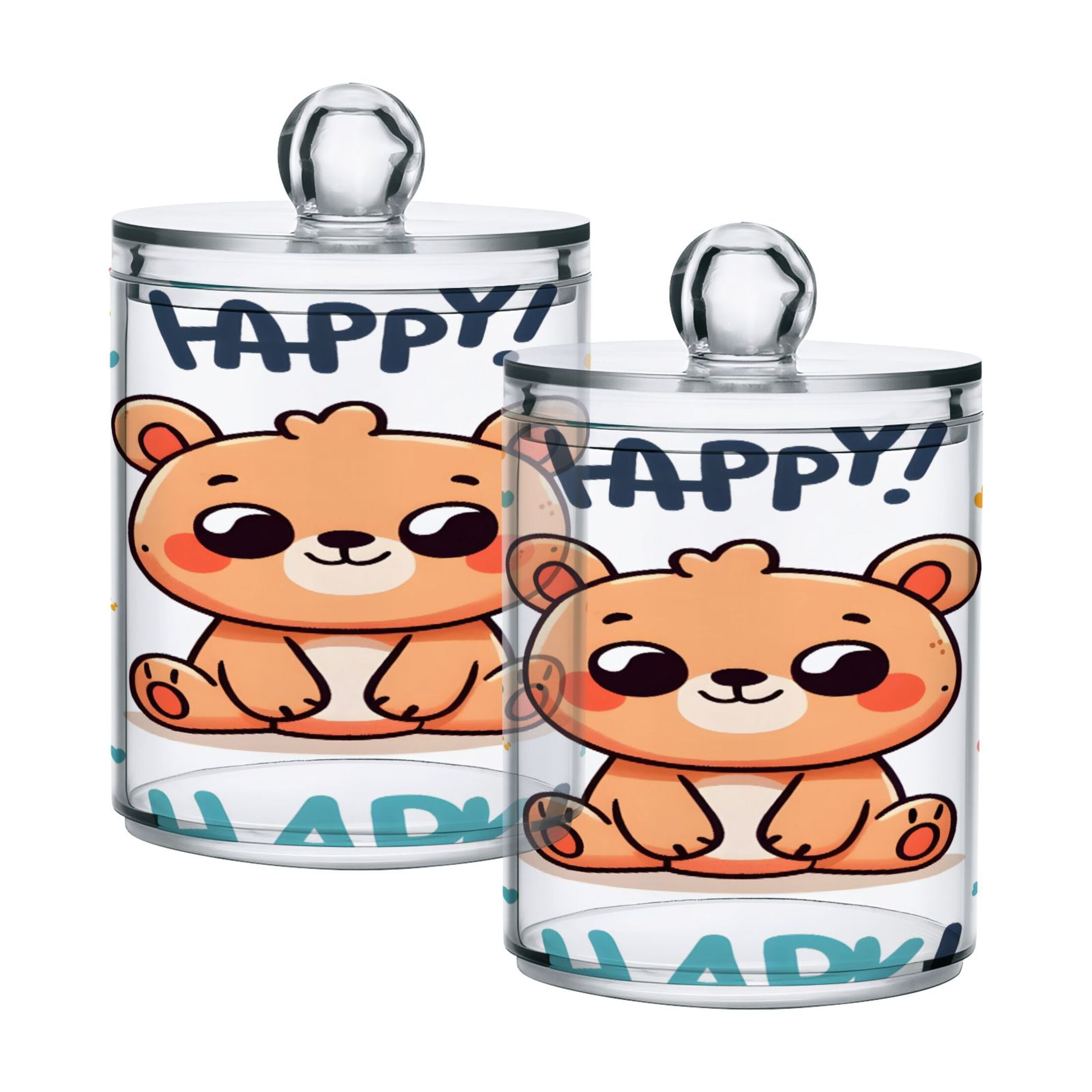 2 Pack Qtip Holder Dispenser Happy Bear Clear Plastic Storage ...