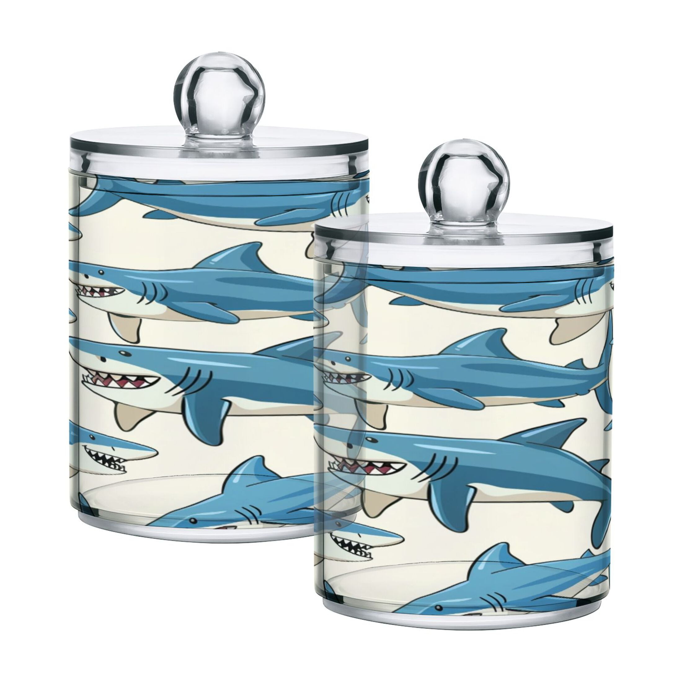 2 Pack Qtip Holder Dispenser Happy Cartoon Sharks Clear Plastic Storage ...