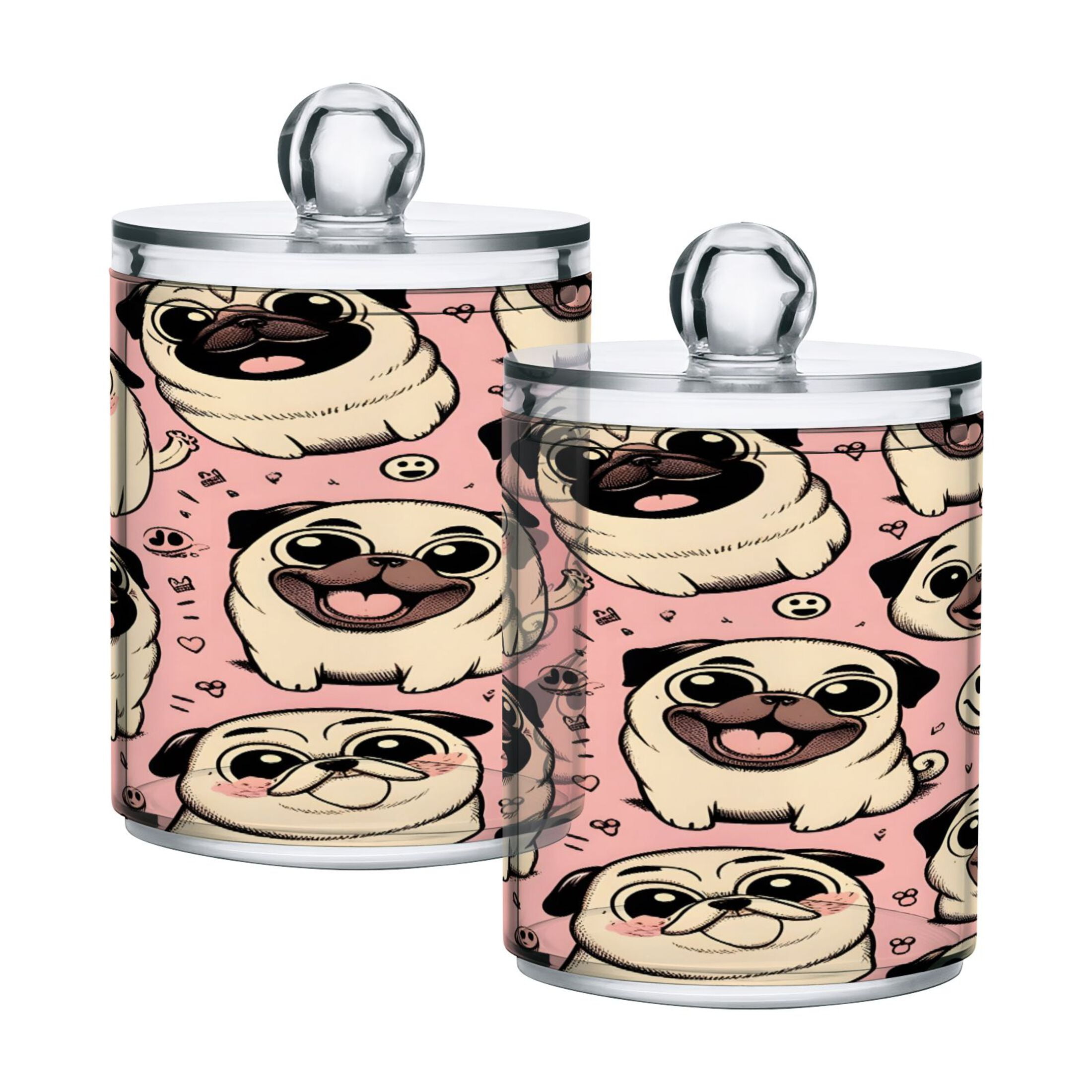 2 Pack Qtip Holder Dispenser Happy Pug Dog Clear Plastic Storage ...