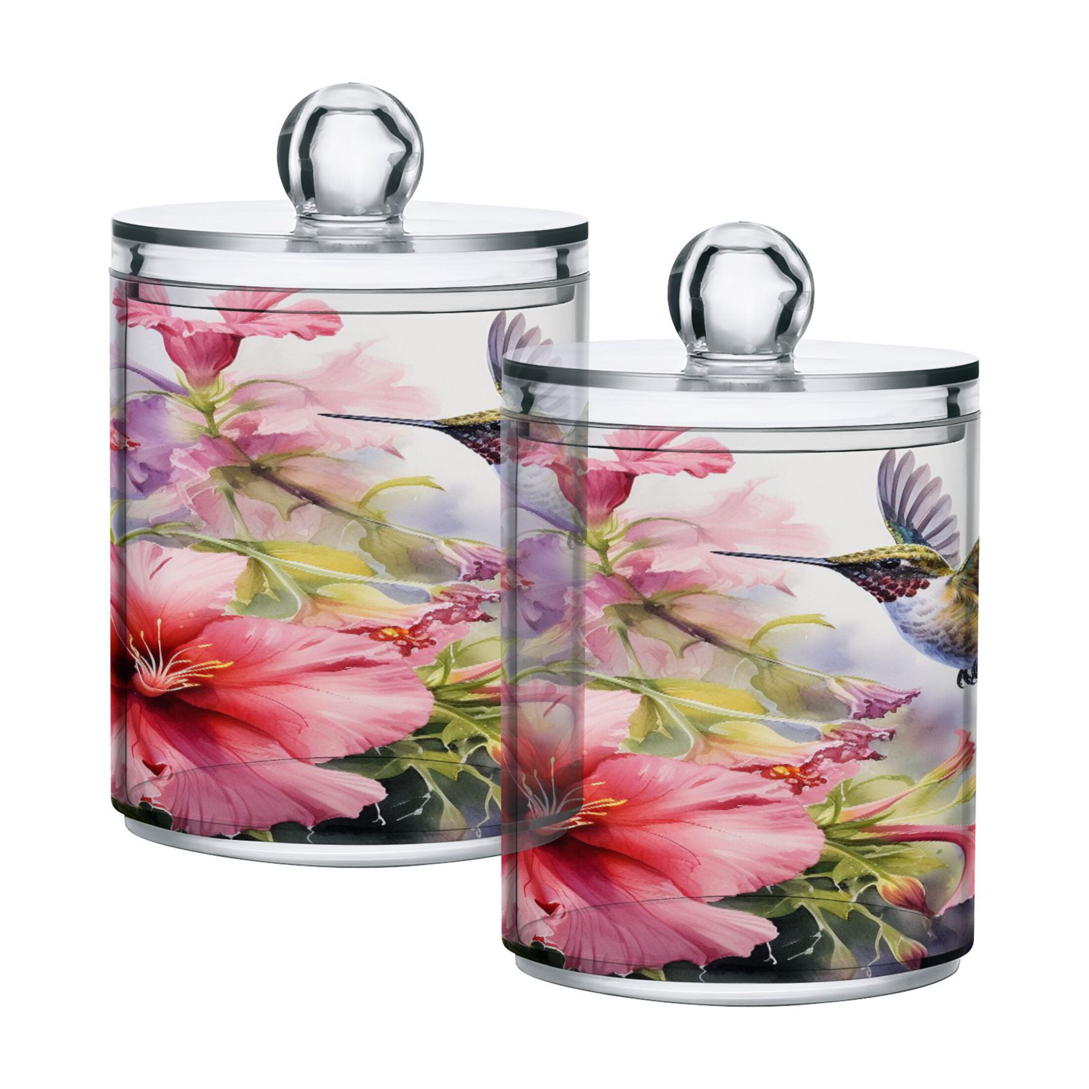 2 Pack Qtip Holder Dispenser Hummingbird Lily Floral Clear Plastic ...