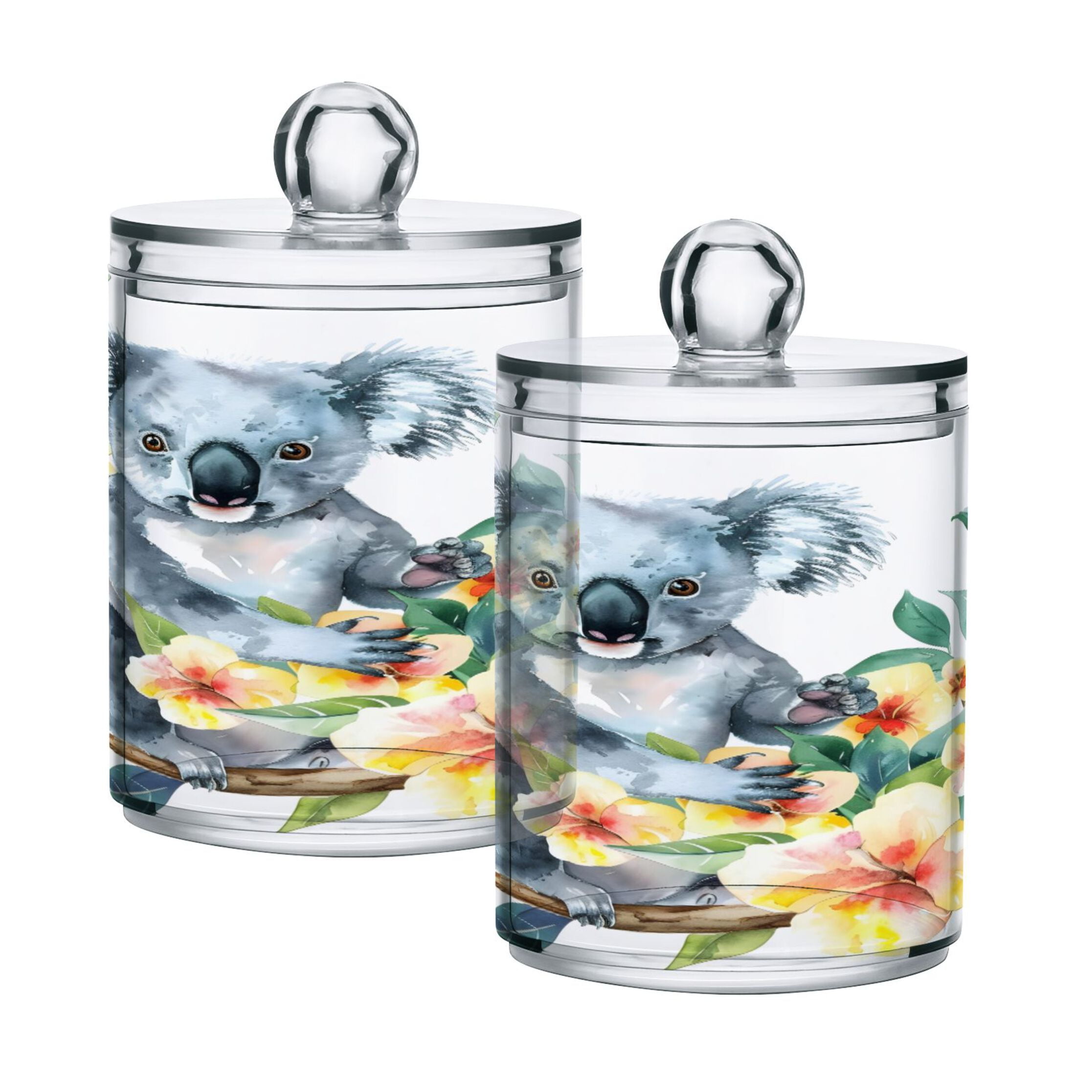 2 Pack Qtip Holder Dispenser Koala with Flowers Clear Plastic Storage ...