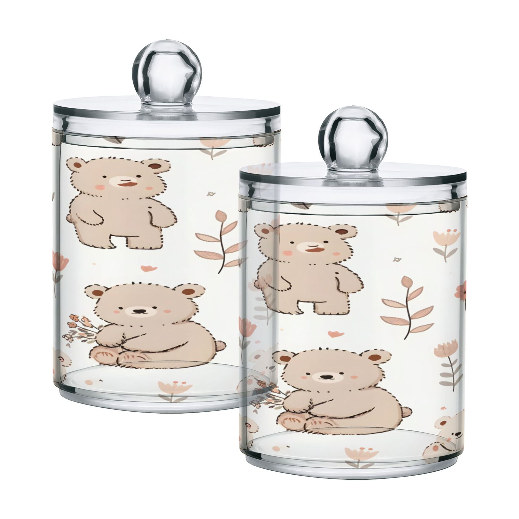 2 Pack Qtip Holder Dispenser Lovely Bear and Flowers Clear Plastic ...