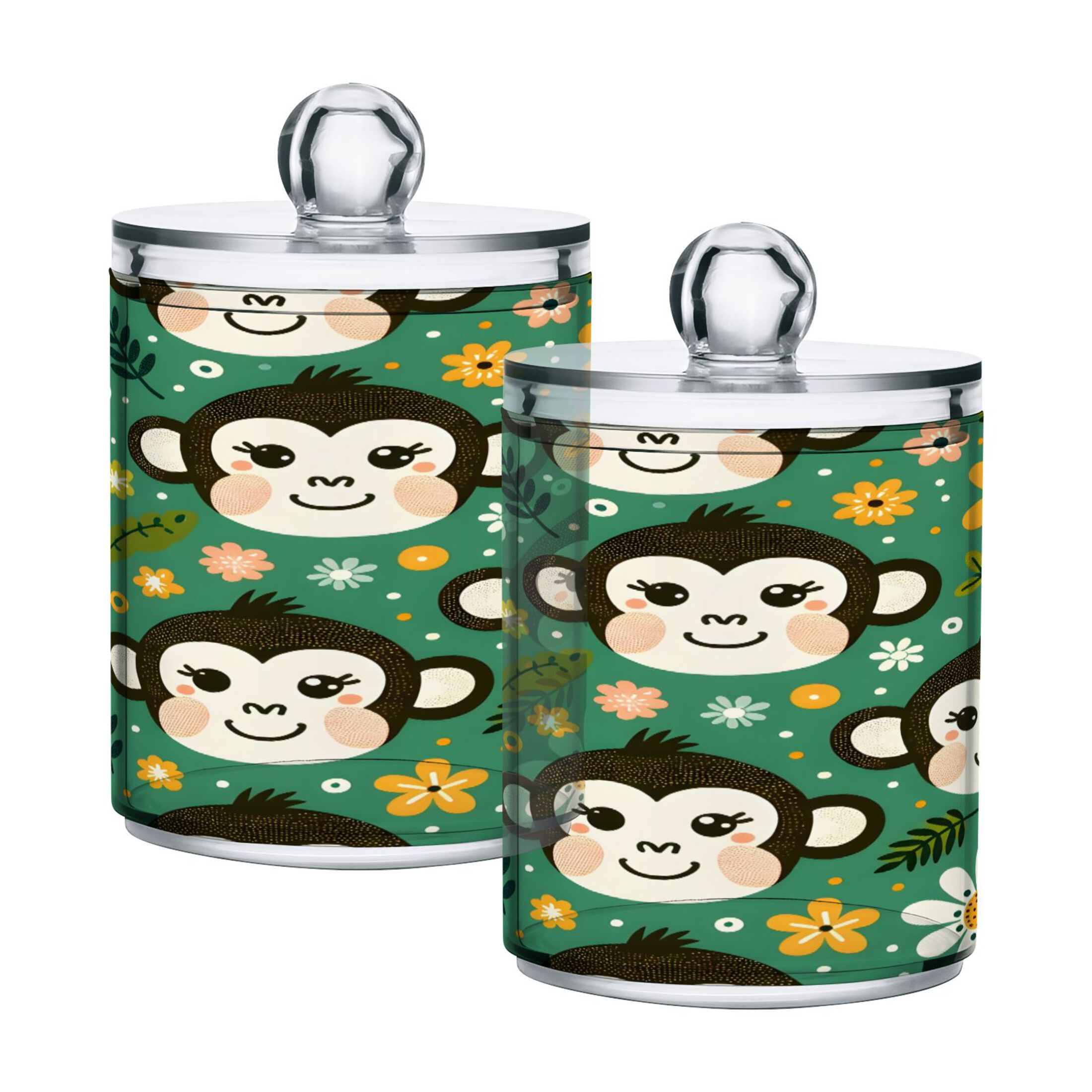 2 Pack Qtip Holder Dispenser Monkey Faces Flowers Dots Clear Plastic Storage Apothecary Jars for ...
