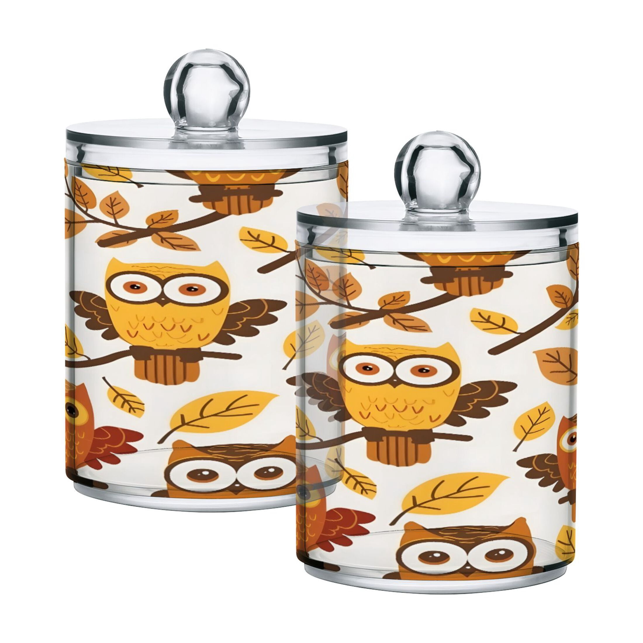 2 Pack Qtip Holder Dispenser Owls and Fall Leaf Clear Plastic Storage ...