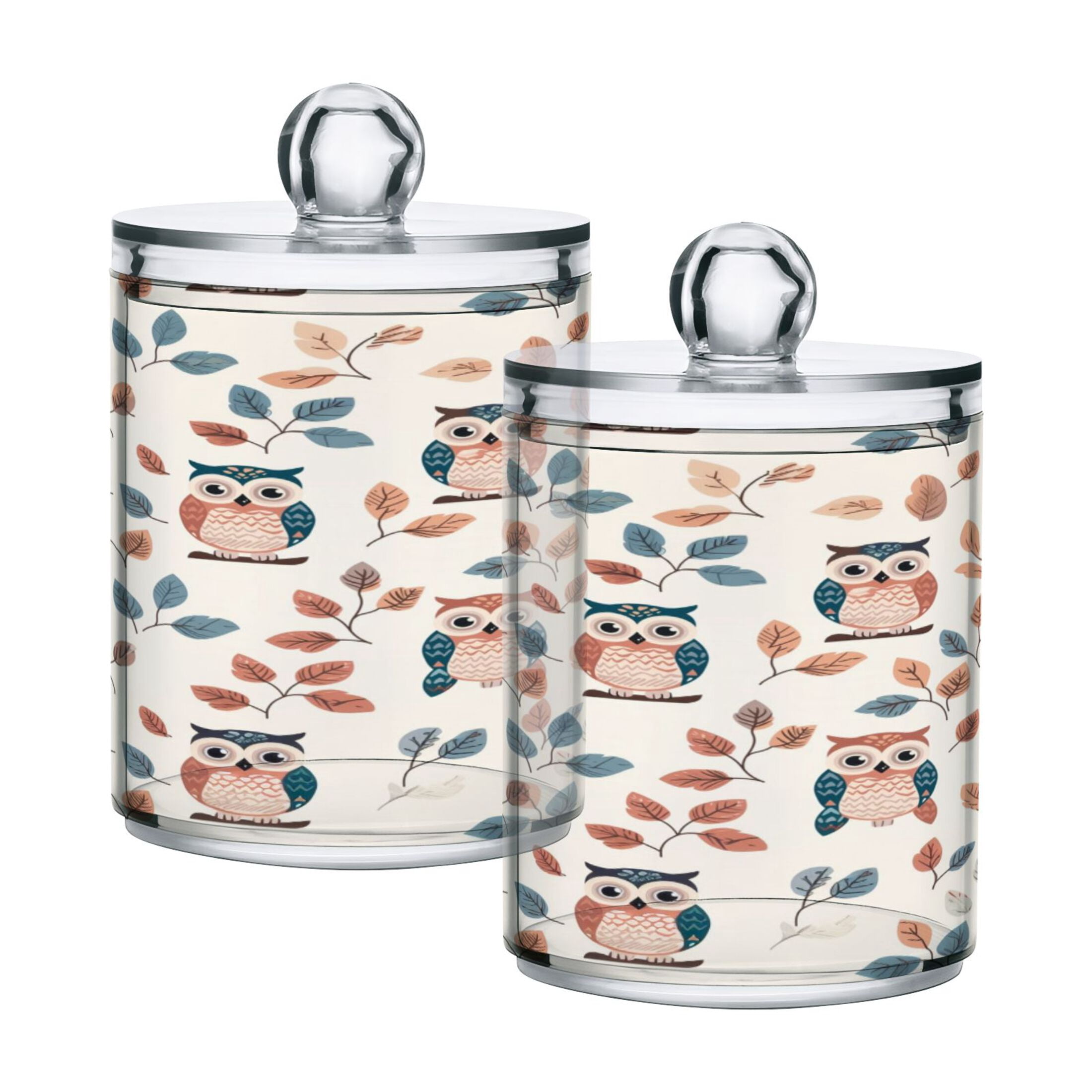 2 Pack Qtip Holder Dispenser Owls and Leaves Clear Plastic Storage ...