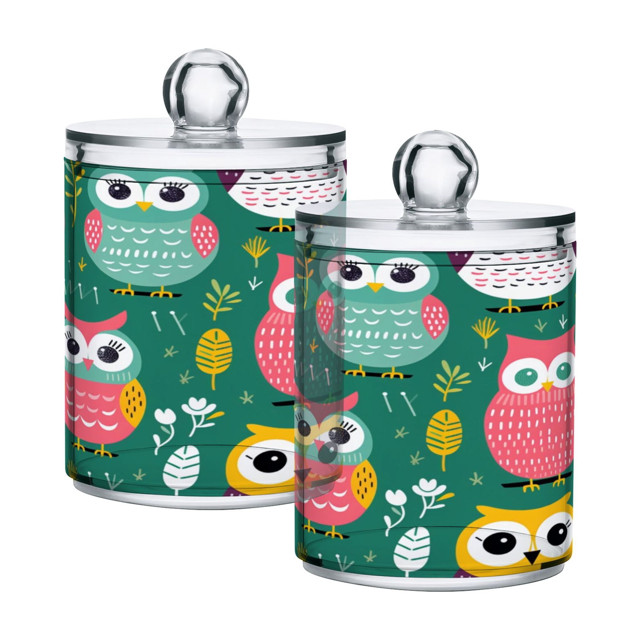 2 Pack Qtip Holder Dispenser Owls and Plant Clear Plastic Storage ...
