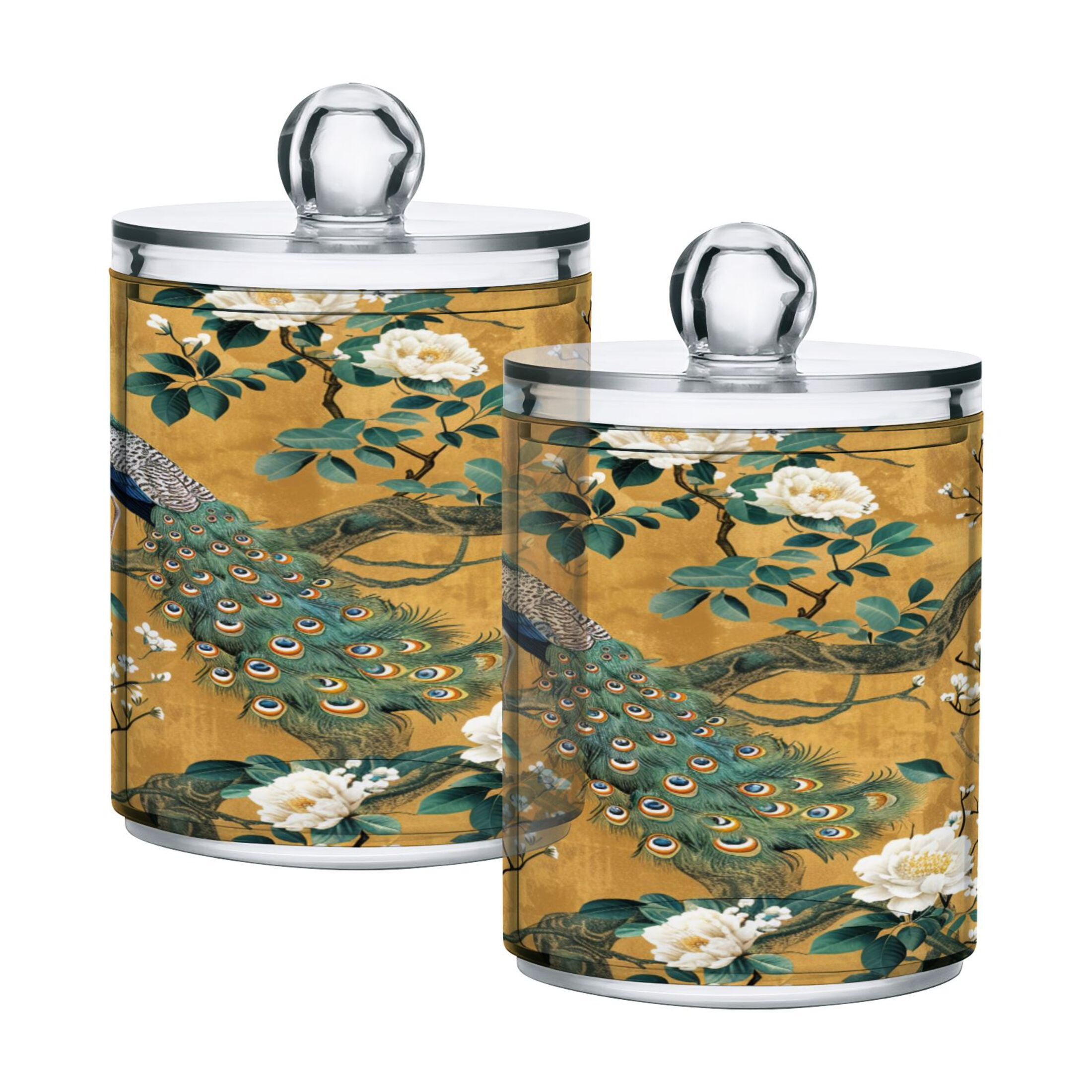 2 Pack Qtip Holder Dispenser Peacock and Flower Clear Plastic Storage ...