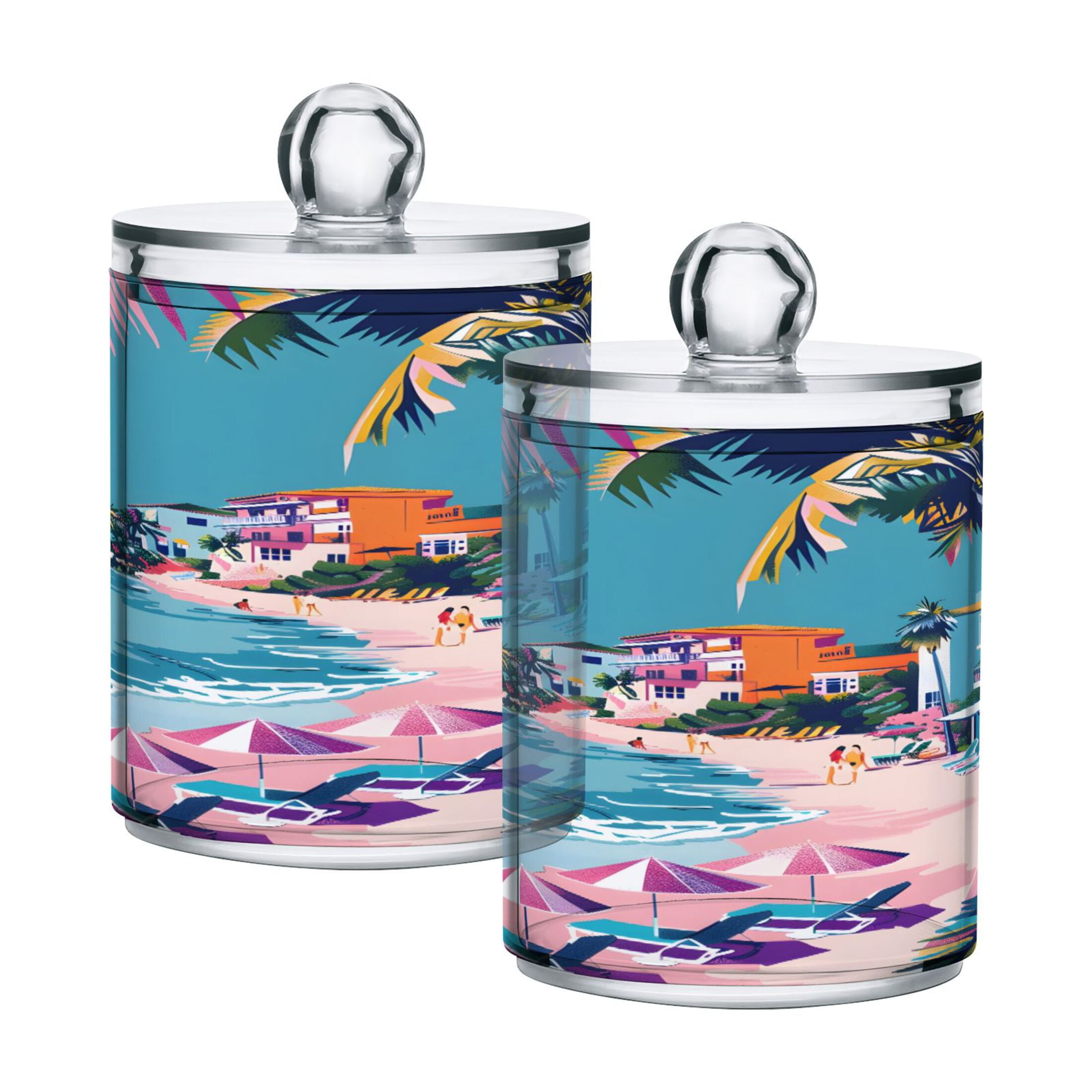 2 Pack Qtip Holder Dispenser Pink Seaside Scenery Clear Plastic Storage ...