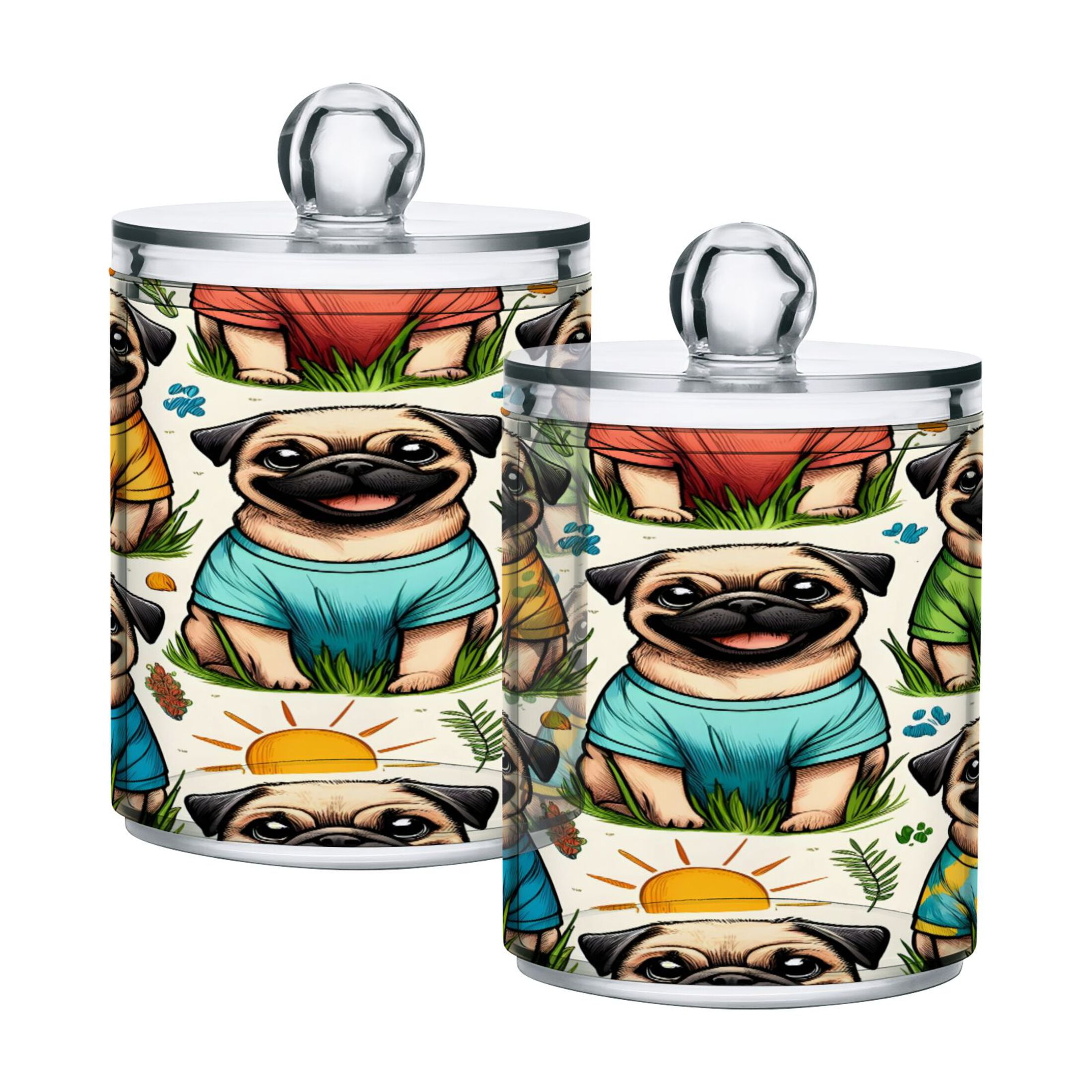 2 Pack Qtip Holder Dispenser Pug Dogs on Grass Clear Plastic Storage ...