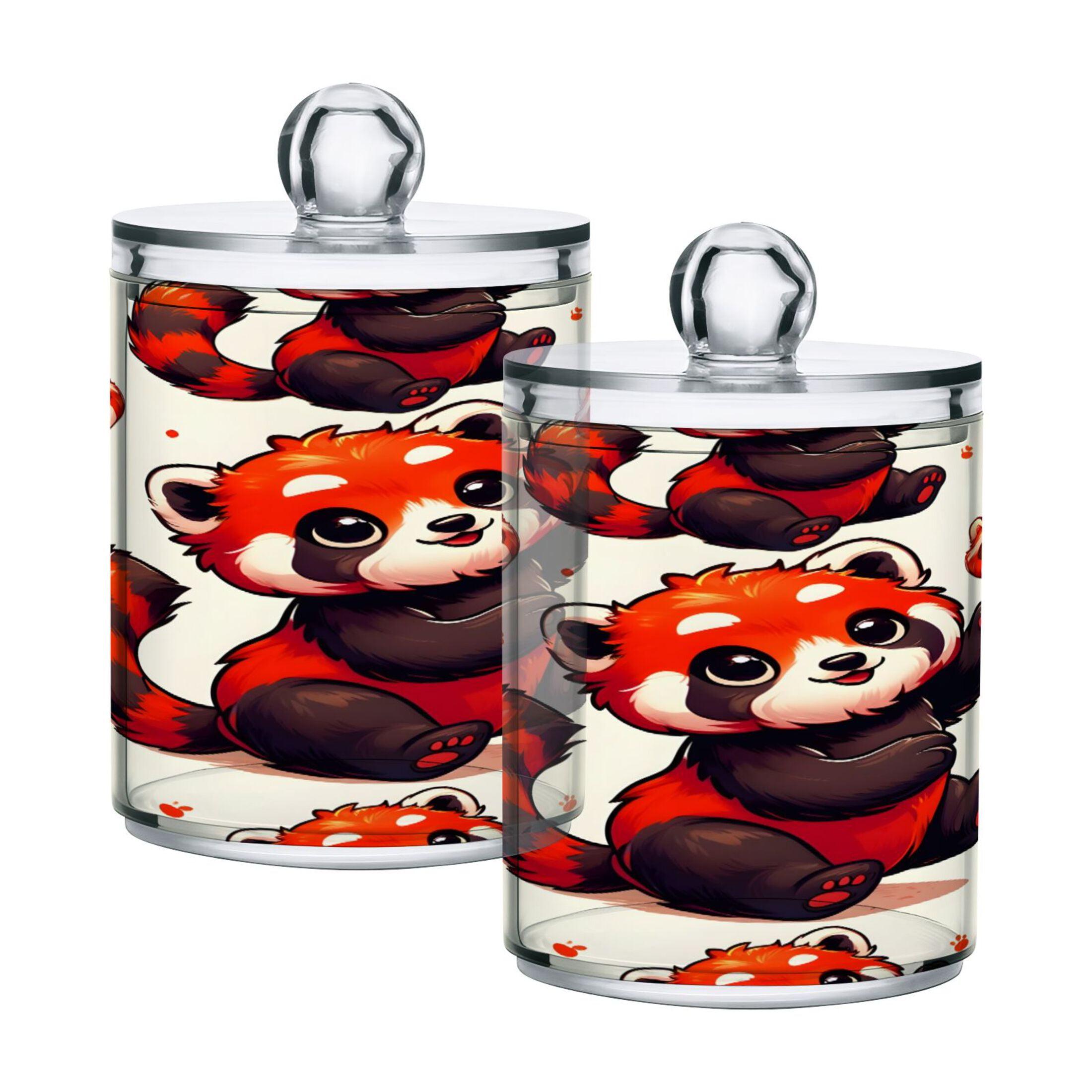 2 Pack Qtip Holder Dispenser Red Raccoon and Face Clear Plastic Storage Apothecary Jars for ...