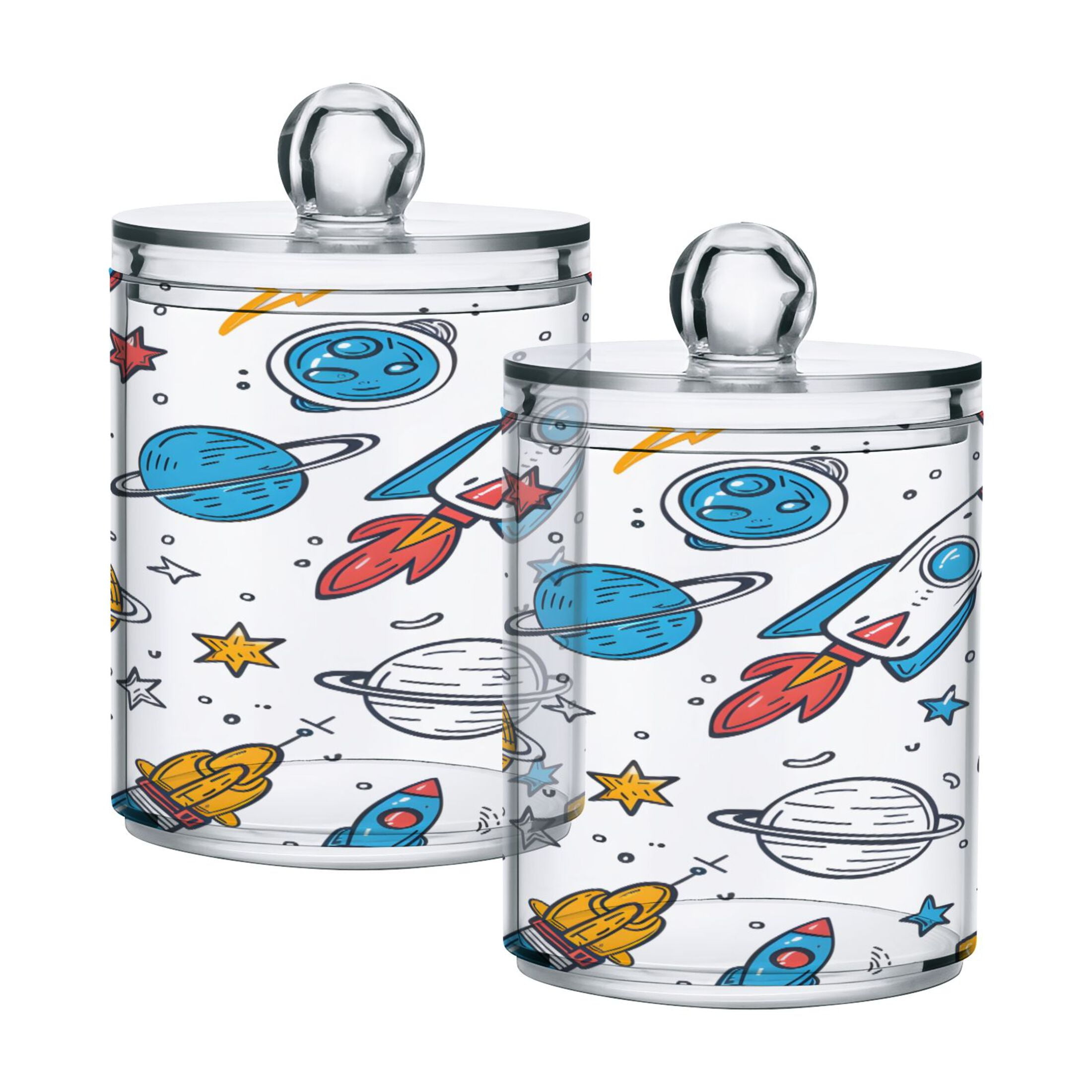 2 Pack Qtip Holder Dispenser Rocket Planet Star Clear Plastic Storage ...