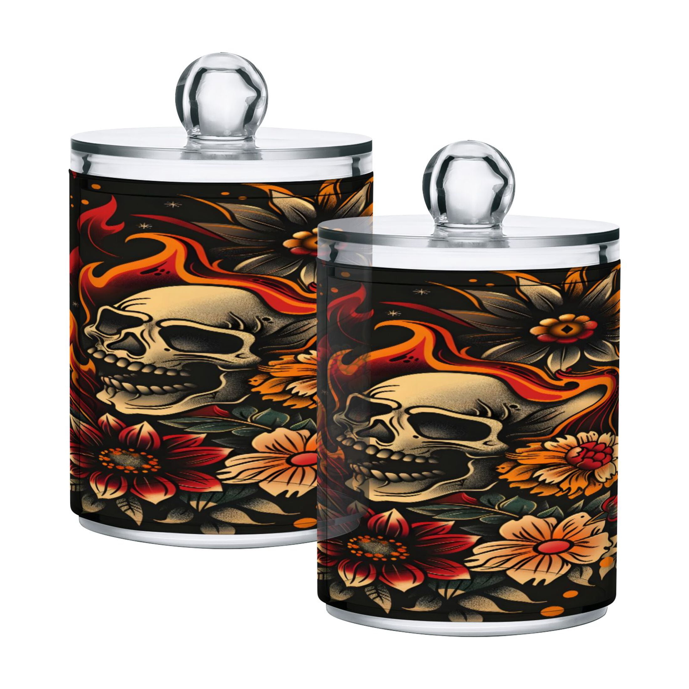 2 Pack Qtip Holder Dispenser Skull Head Fire Flower Clear Plastic ...