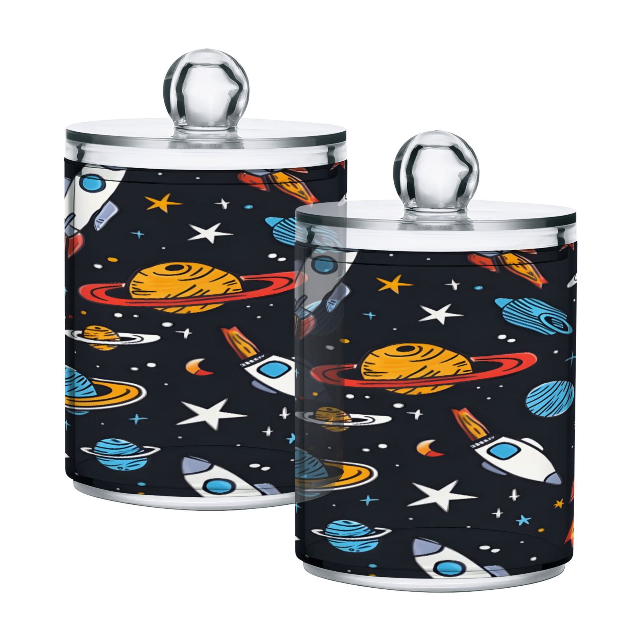 2 Pack Qtip Holder Dispenser Star Rocket Planet Clear Plastic Storage ...